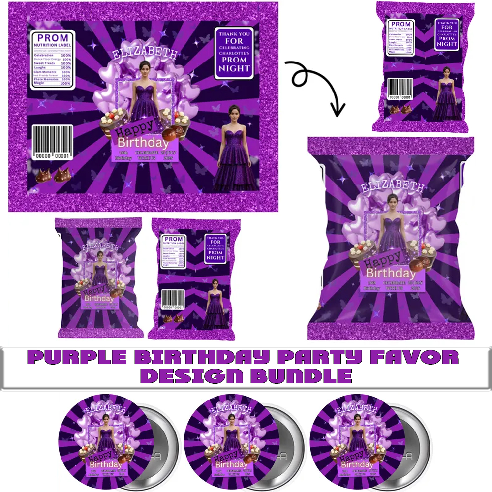 Purple Birthday Party Favor Design Bundle | Editable Canva Party Favor ...