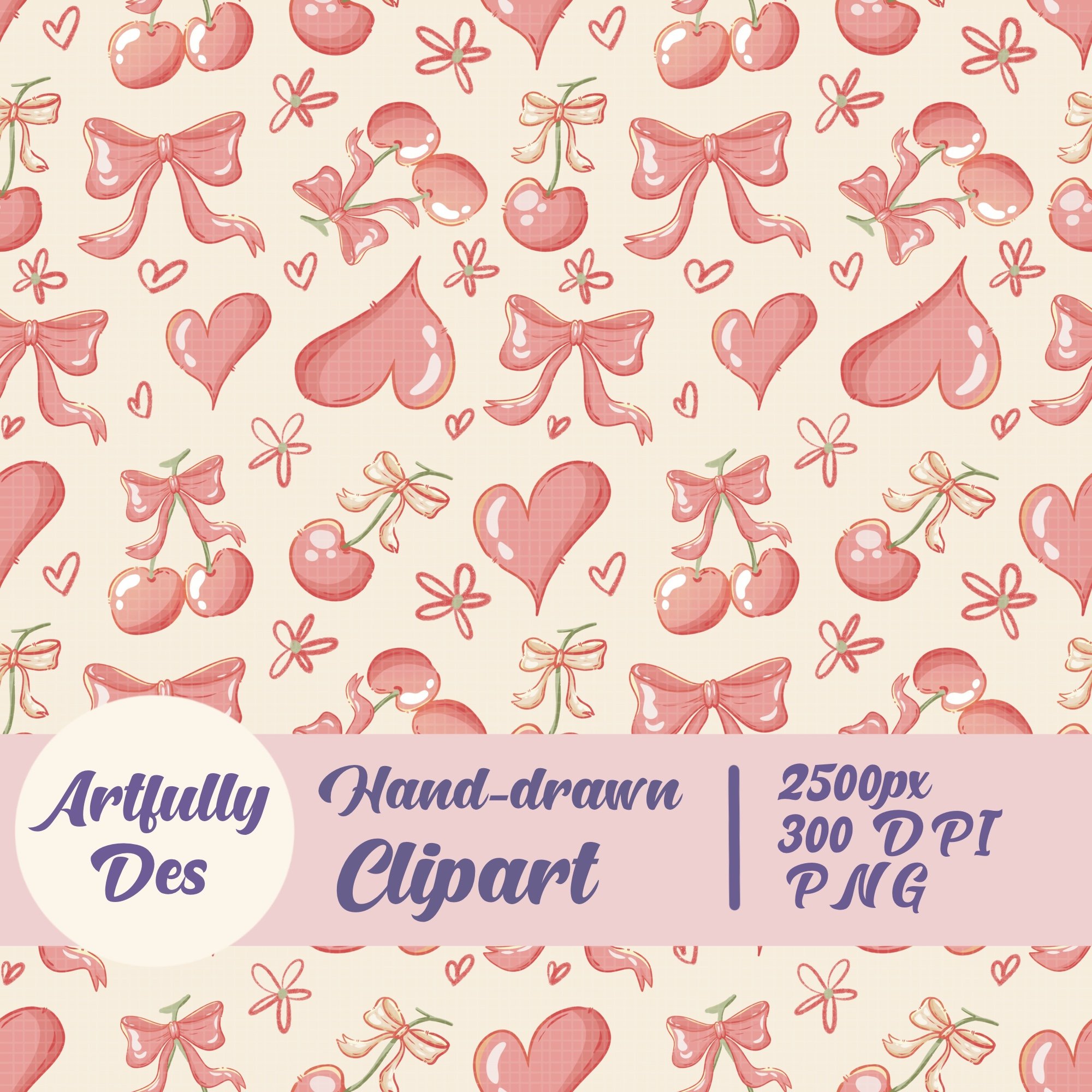 Pink Bow Valentine Seamless Pattern, Hand-Drawn Coquette Hearts ...