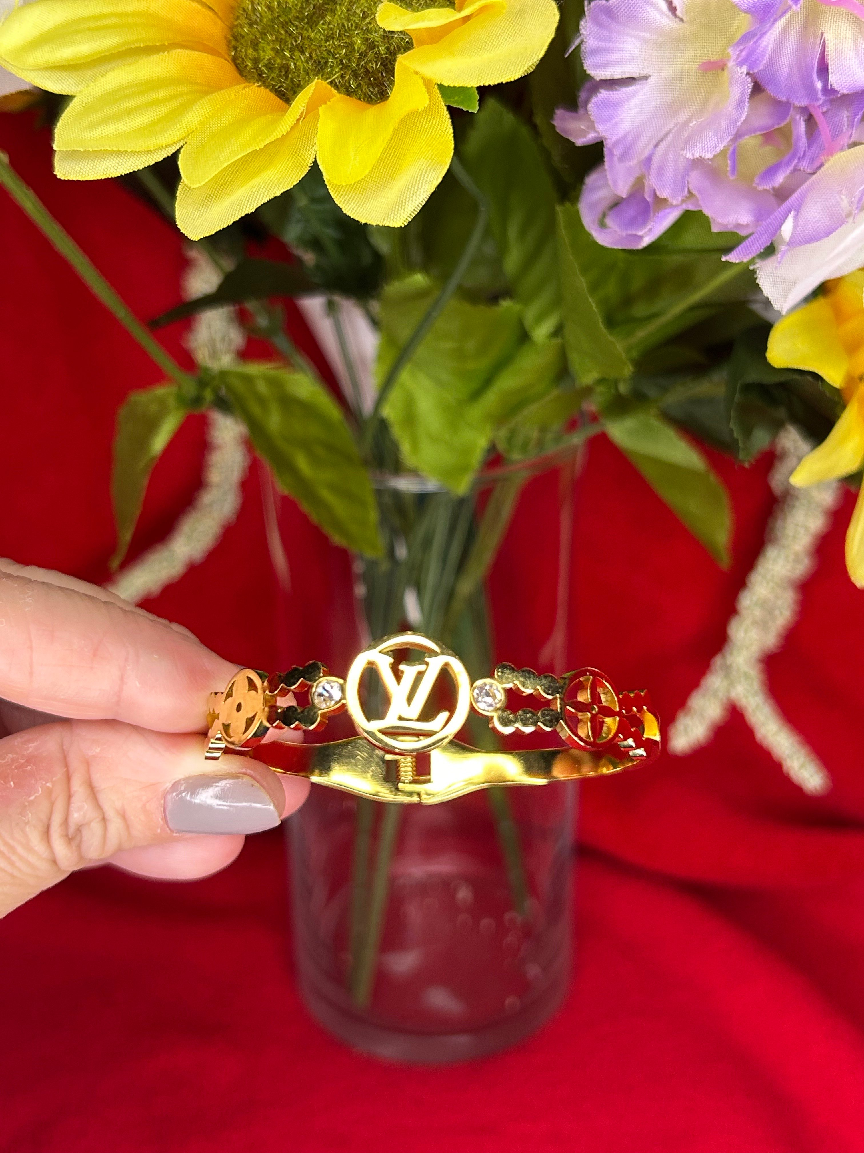 Inspired Stainless LV Gold Tone Open Bangle - Payhip