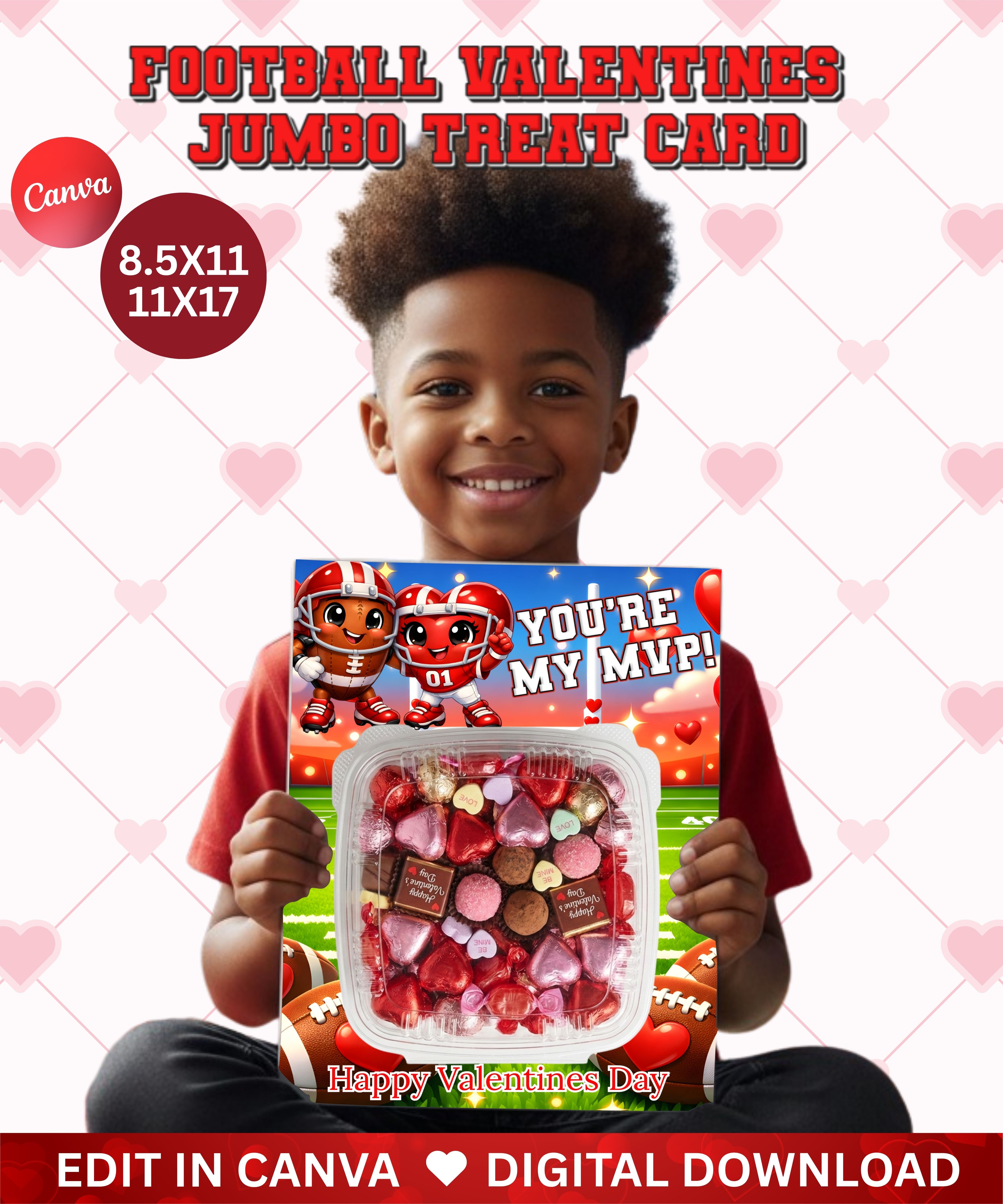 Football Valentine’s Jumbo Treat Card | Editable Canva Treat Card for ...