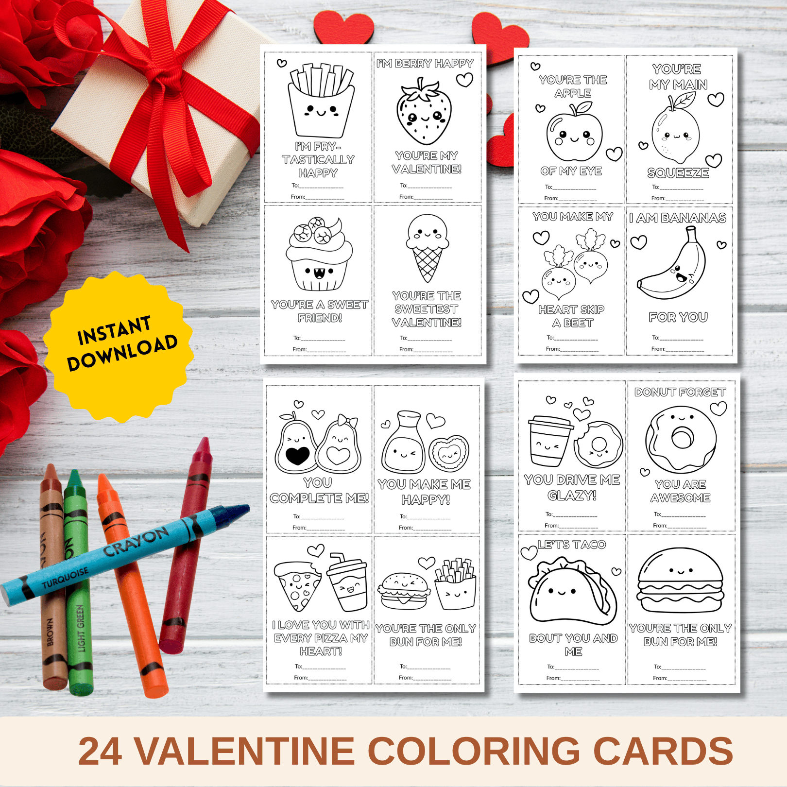 Cute Food Valentine Coloring Cards | Printable Valentine for Kids ...