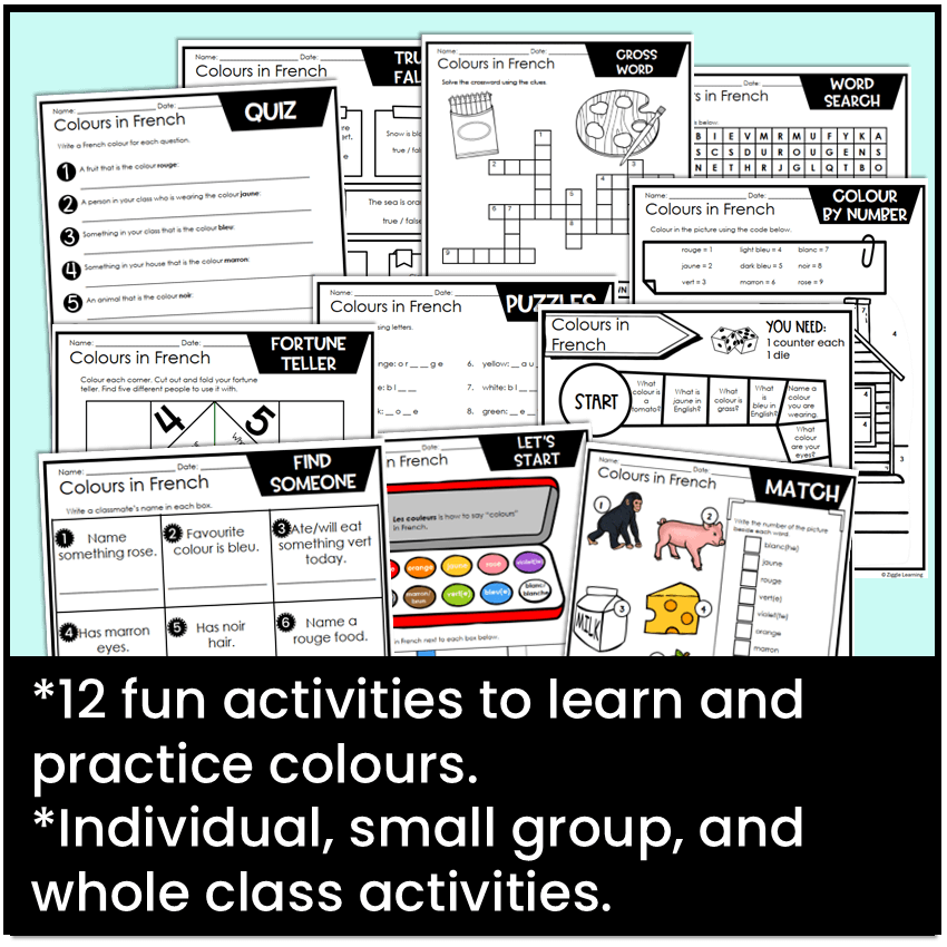 Beginner French Colours Vocabulary Les Couleurs Worksheets Craft Game