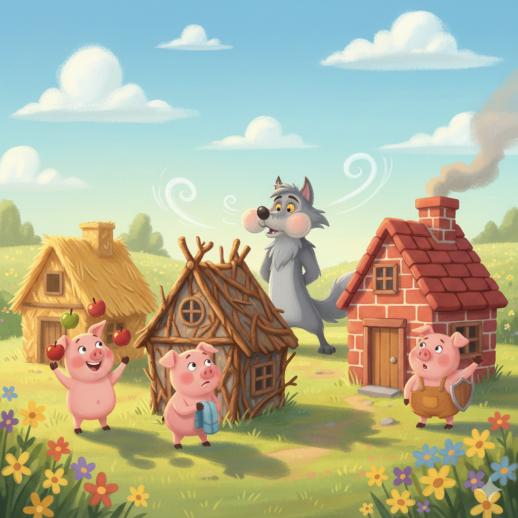 A charming fairytale illustration of the Three Little Pigs and the Big ...