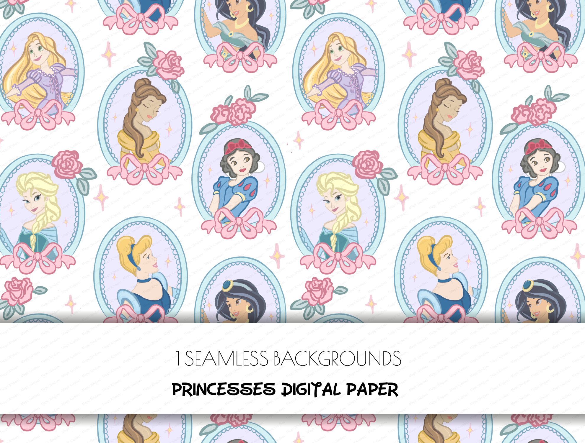 Princesses digital paper,Cinderella, Tiana, jasmine, Rapunzel ...