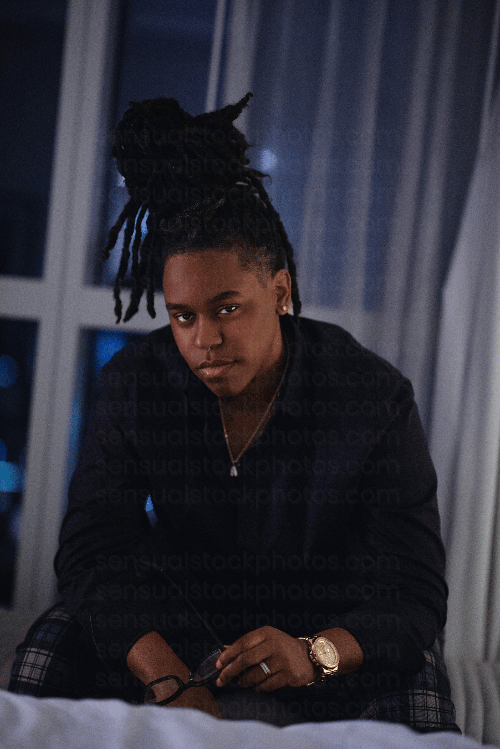 dreadlocks, masc, gold jewelry, suit, glasses