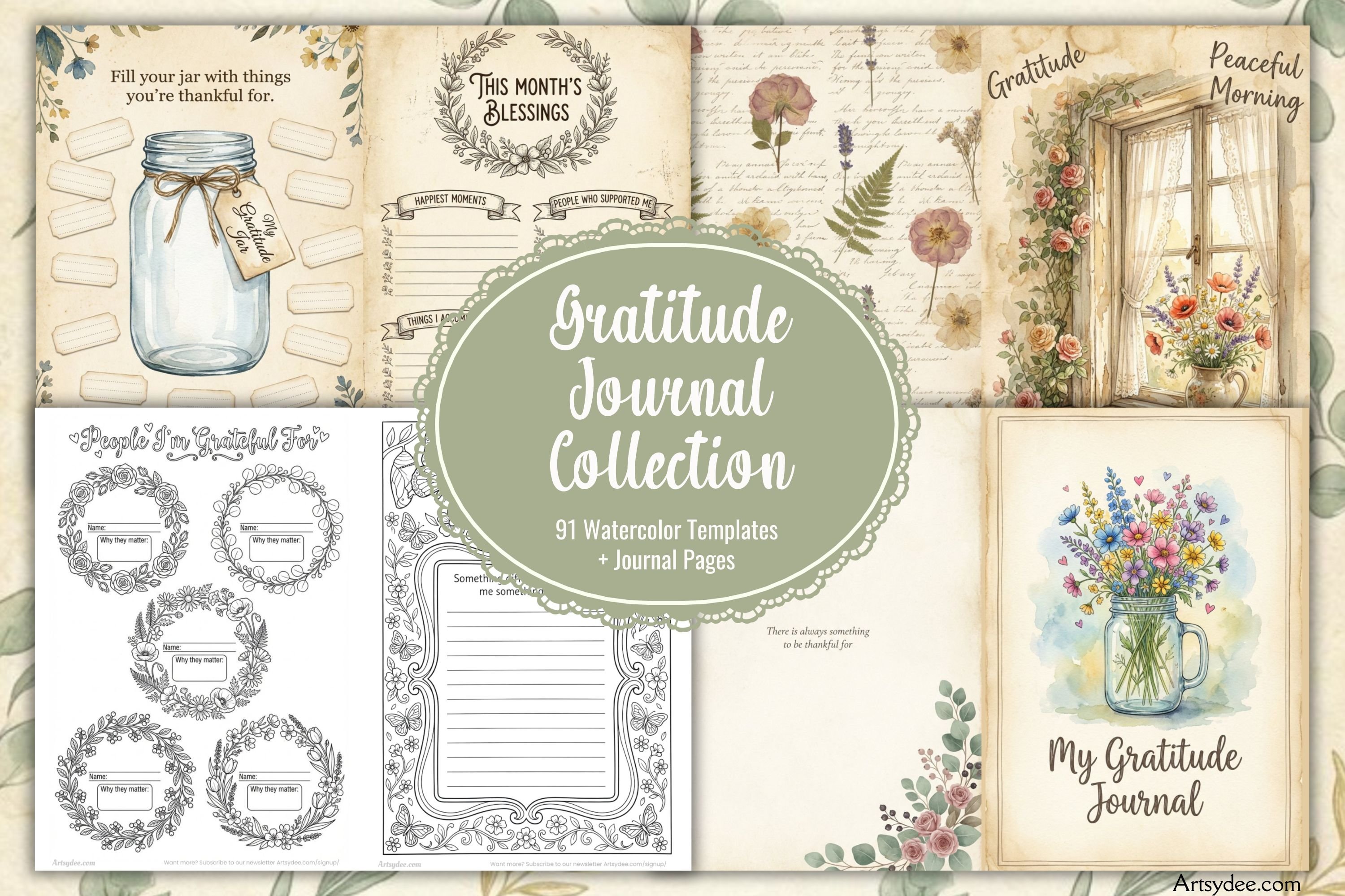 Gratitude Journal Kit | 91 Printable Pages | Watercolor Templates Junk ...