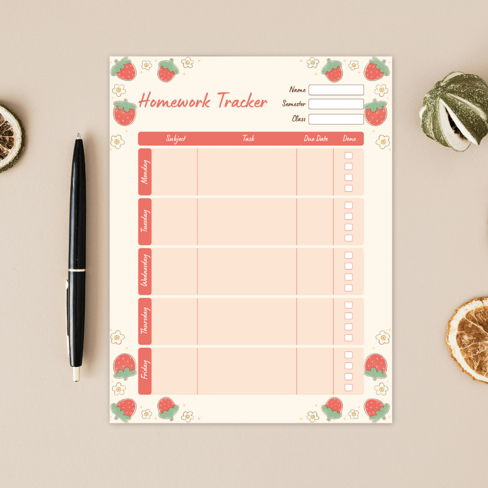 Strawberry Weekly Homework Tracker Printable – Editable Canva Homework ...