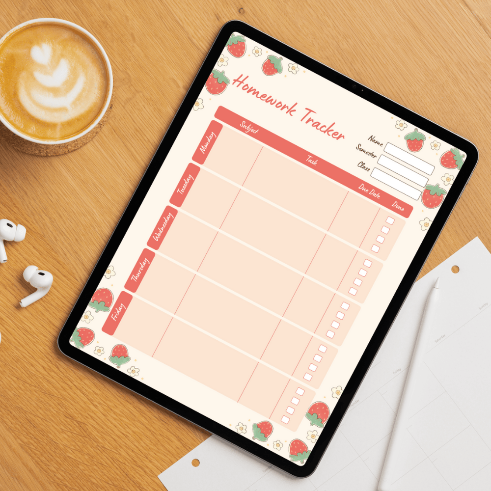 Strawberry Weekly Homework Tracker Printable – Editable Canva Homework ...