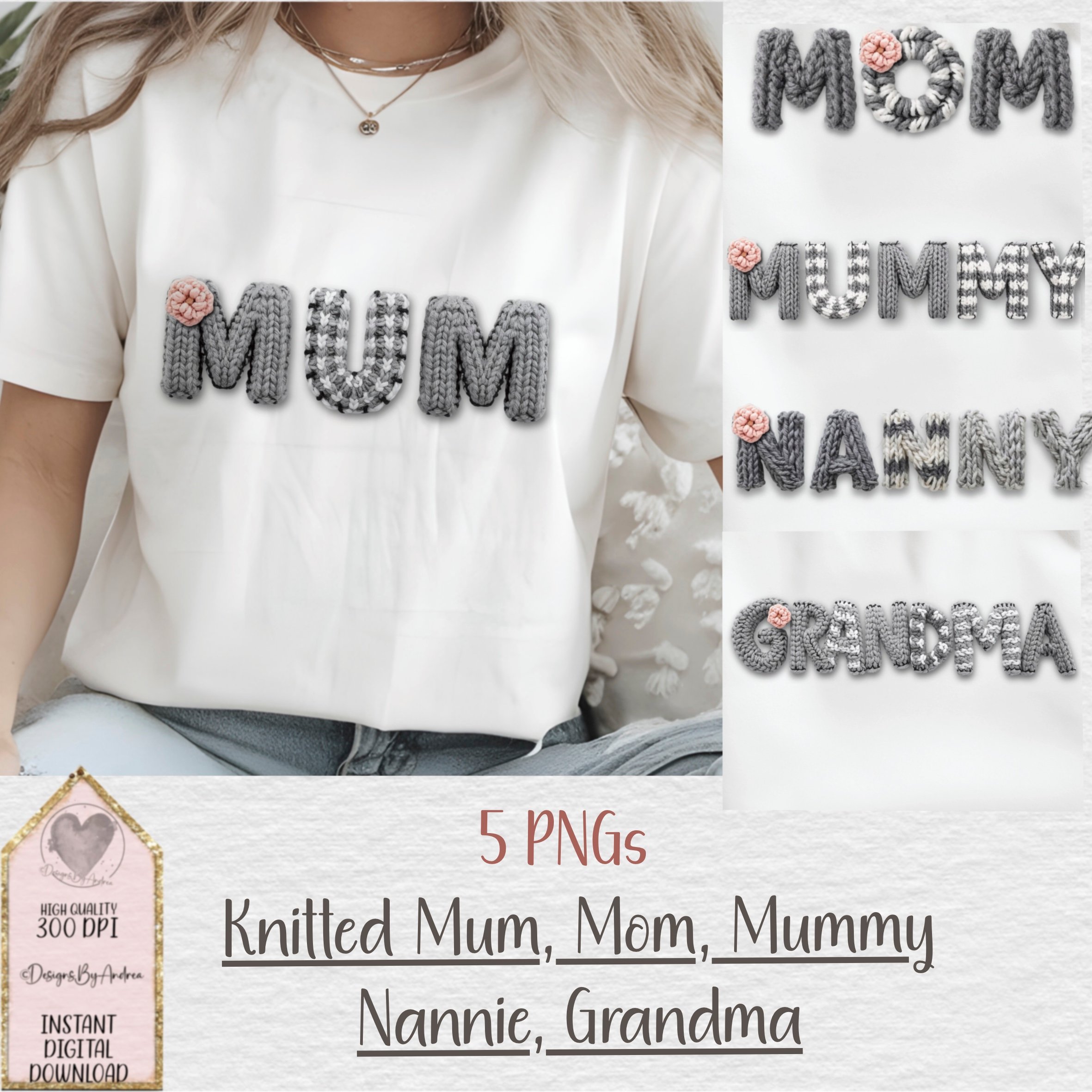 Faux Knitted letters, Mom, Mother, Mum, Nanny, Grandma. 5 PNGs ...