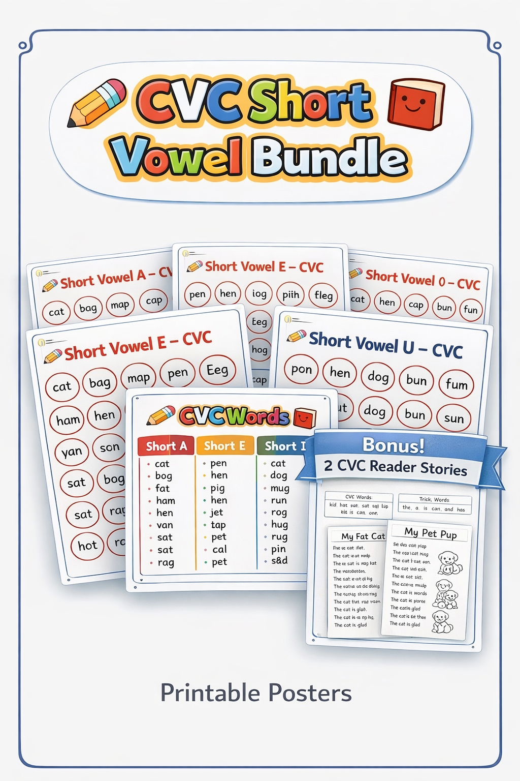 CVC Short Vowel Bundle | Printable CVC Word Posters Worksheets Readers ...