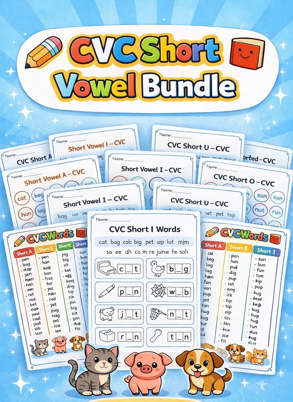 CVC Short Vowel Bundle | Printable CVC Word Posters Worksheets Readers ...