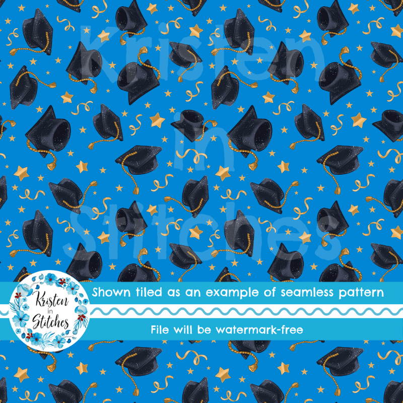 Graduation Grad Caps and Tassels Seamless Pattern, Blue - Payhip