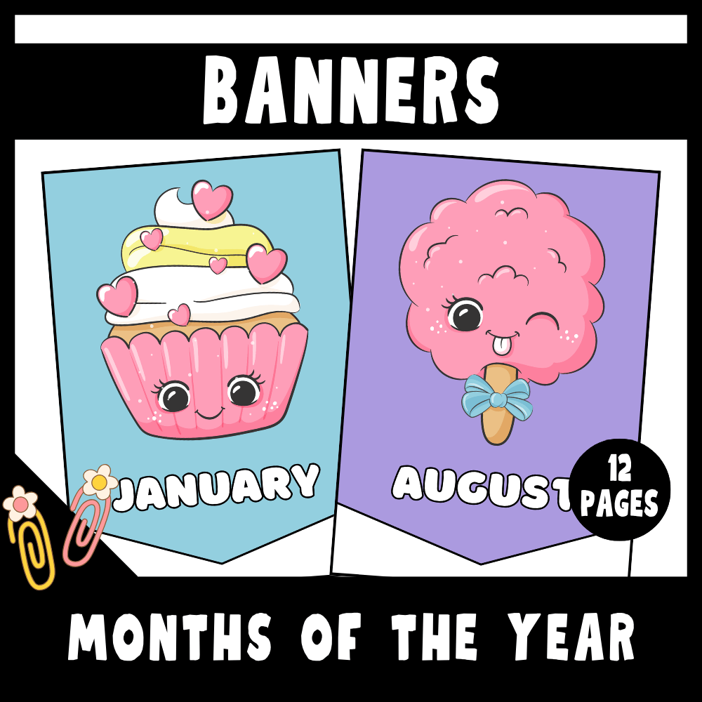 Months of the Year Math Bunting in Colorful Kawaii Style