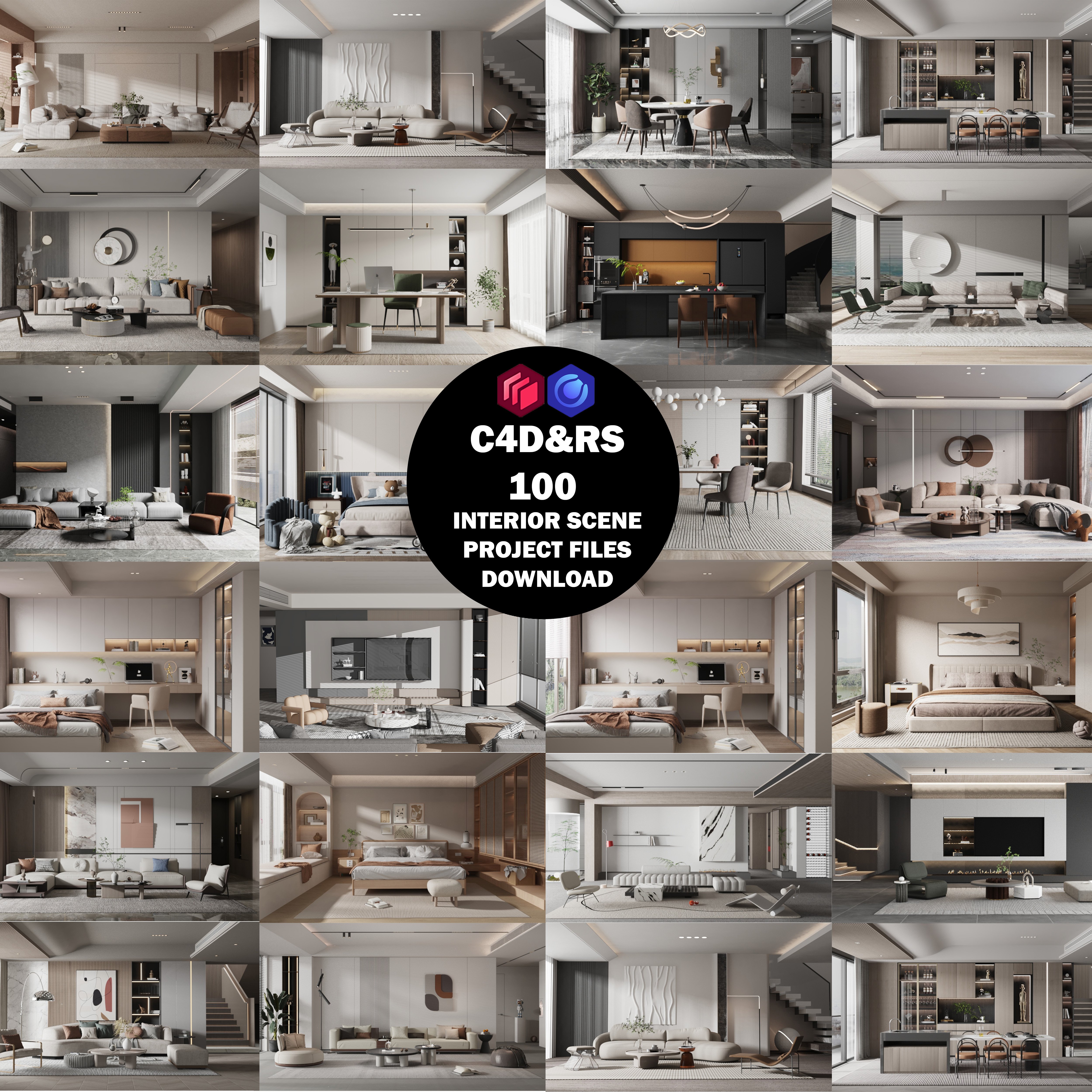 C4D & RS 100 Interior Scene project files Download - Ready to use