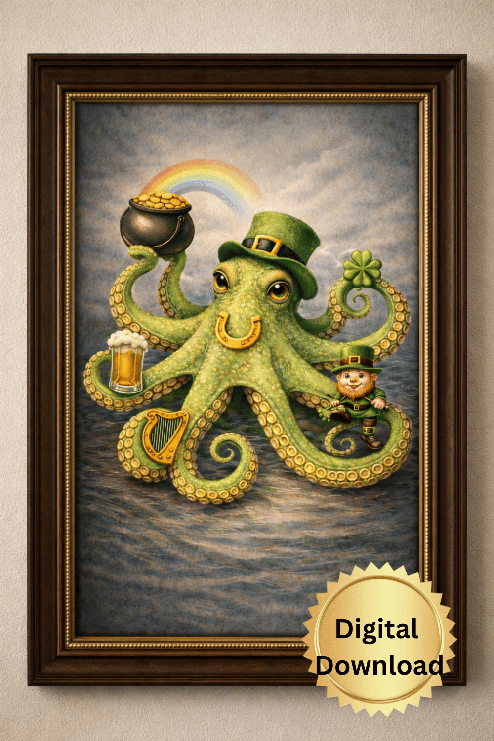 Octopus Leprechaun Wall Art, Surreal St Patrick's Day Decor, Lucky ...