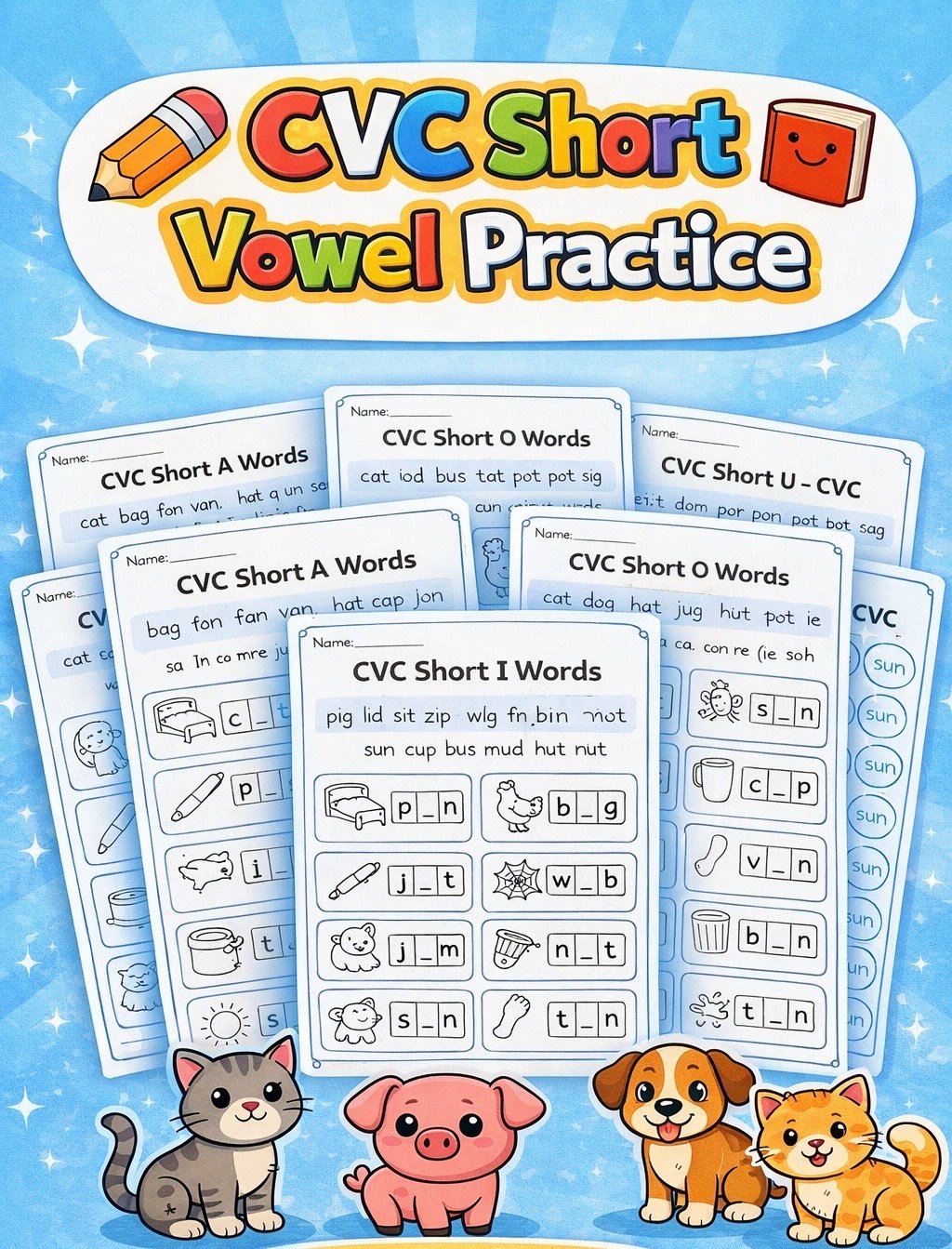 CVC Worksheets Bundle – Short Vowel Practice (21 Worksheets | A E I O U ...