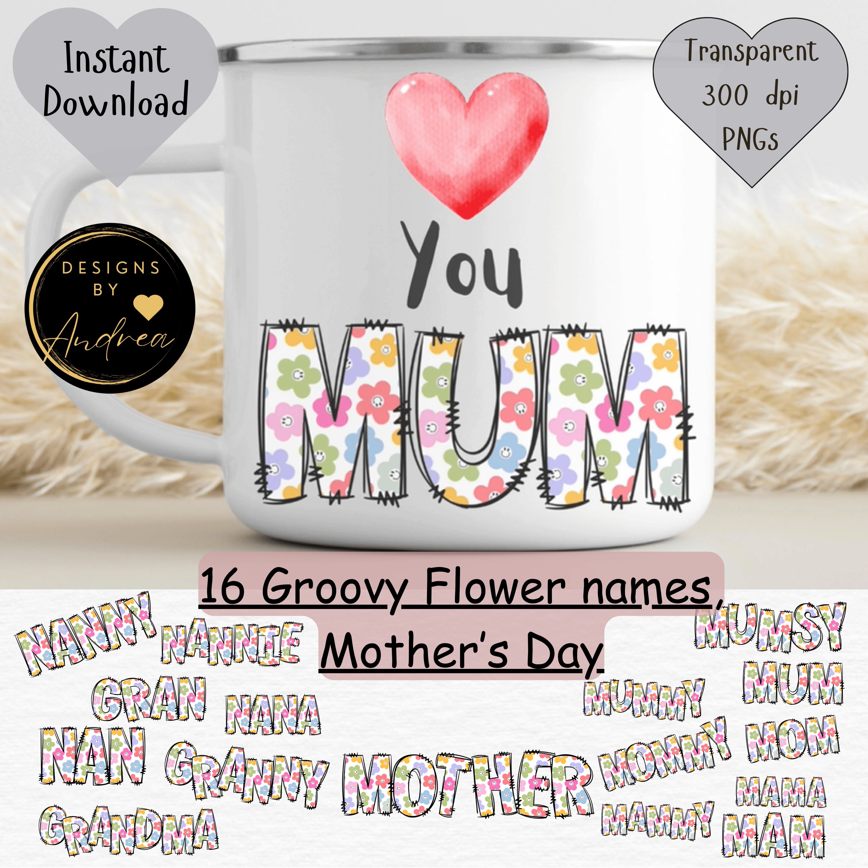 Groovy Doodle 16 Mum Names PNG Bundle, Floral Mom, Nana, Grandma, Gran ...