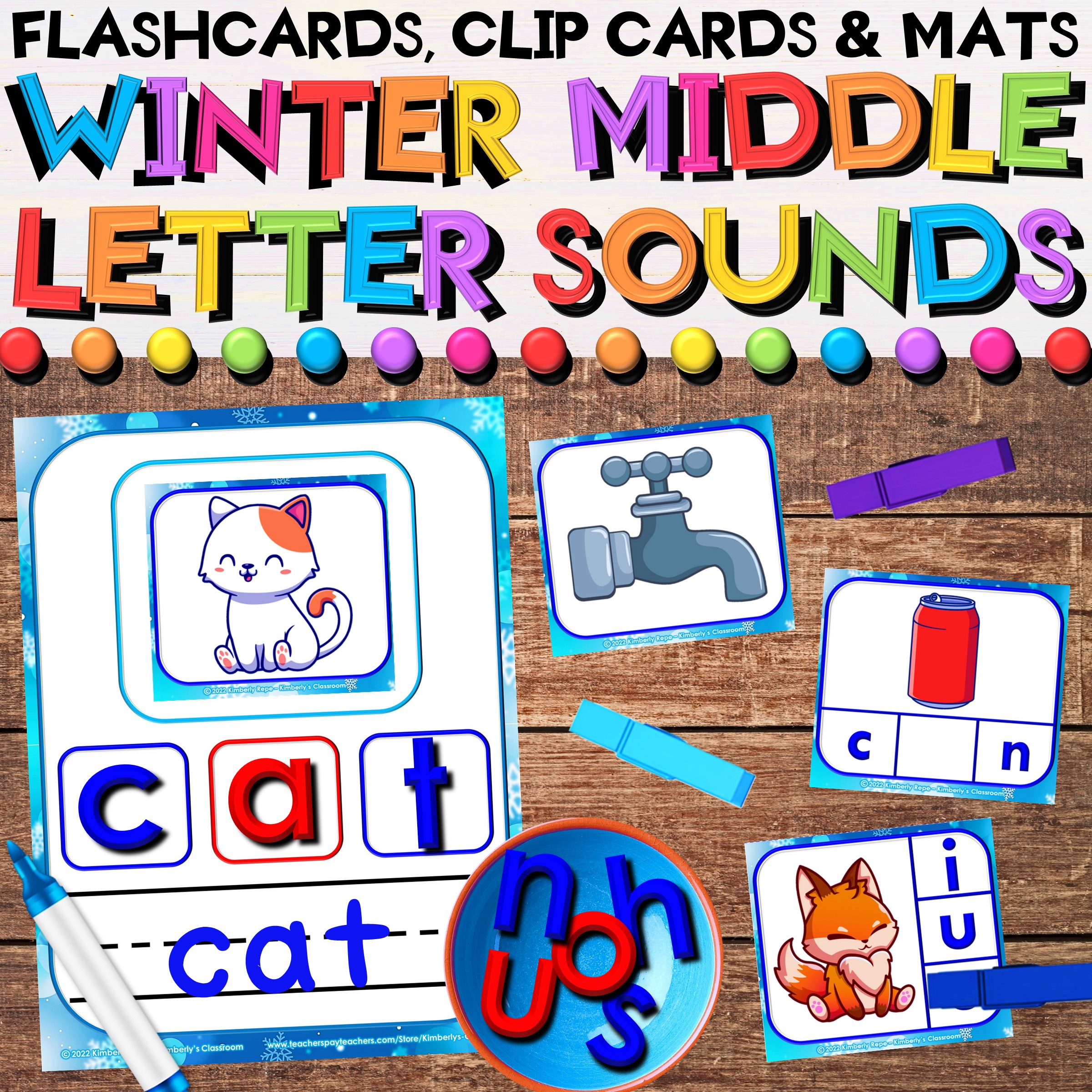 Winter CVC Middle Letter Sounds Phonics Center - Task Cards & Writing ...