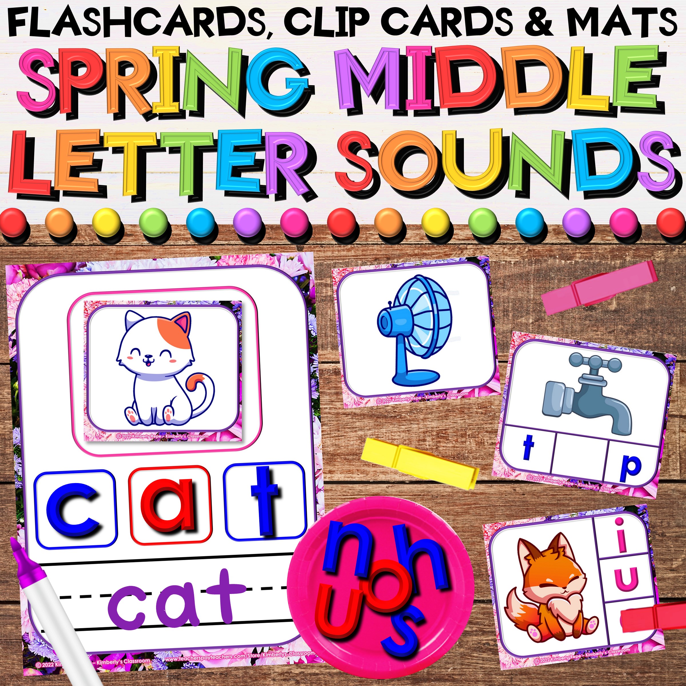 Spring CVC Middle Letter Sounds Phonics Center - Task Cards & Writing ...