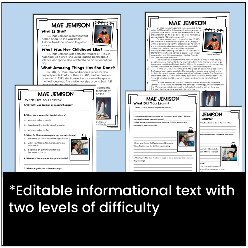 Mae Jemison Activity Pack Reading Craft Timeline 1st, 2nd, 3rd, 4th ...