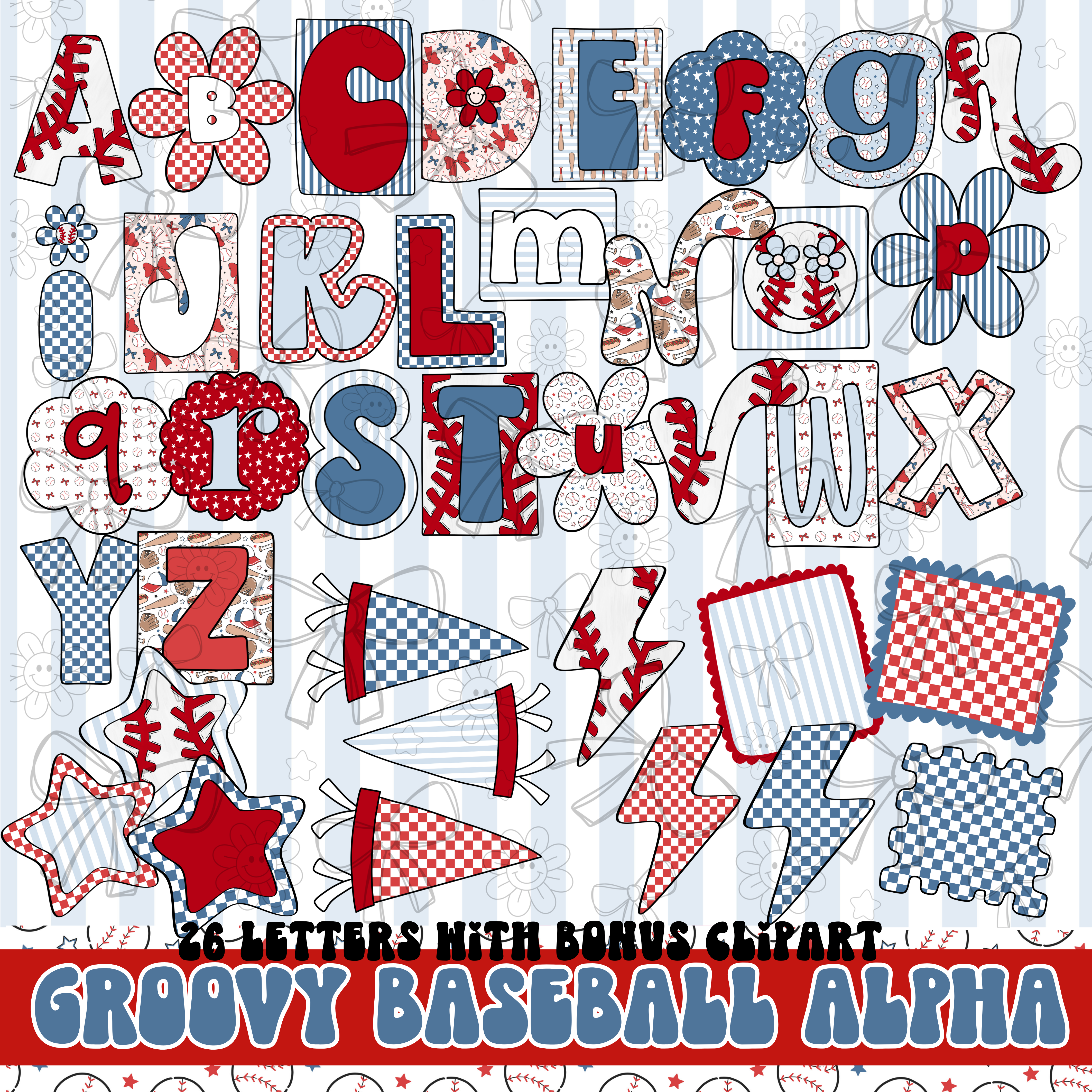 groovy baseball alpha with 12 clipart elements - Payhip