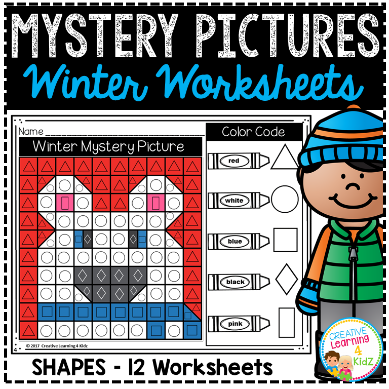 Winter Mystery Picture Worksheets | Shape Coloring Math Activities