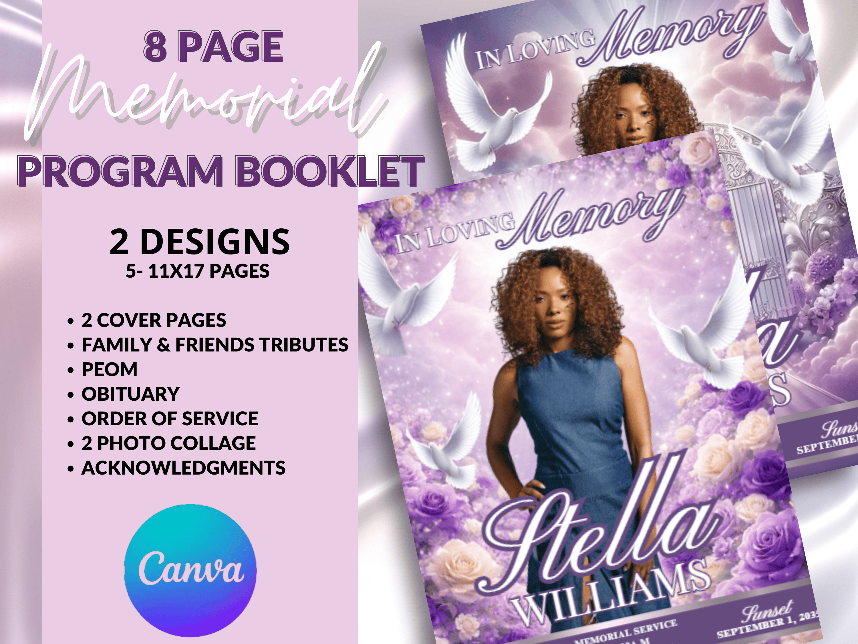 8 Page Lavender Memorial Program Template | Funeral Program Booklet ...