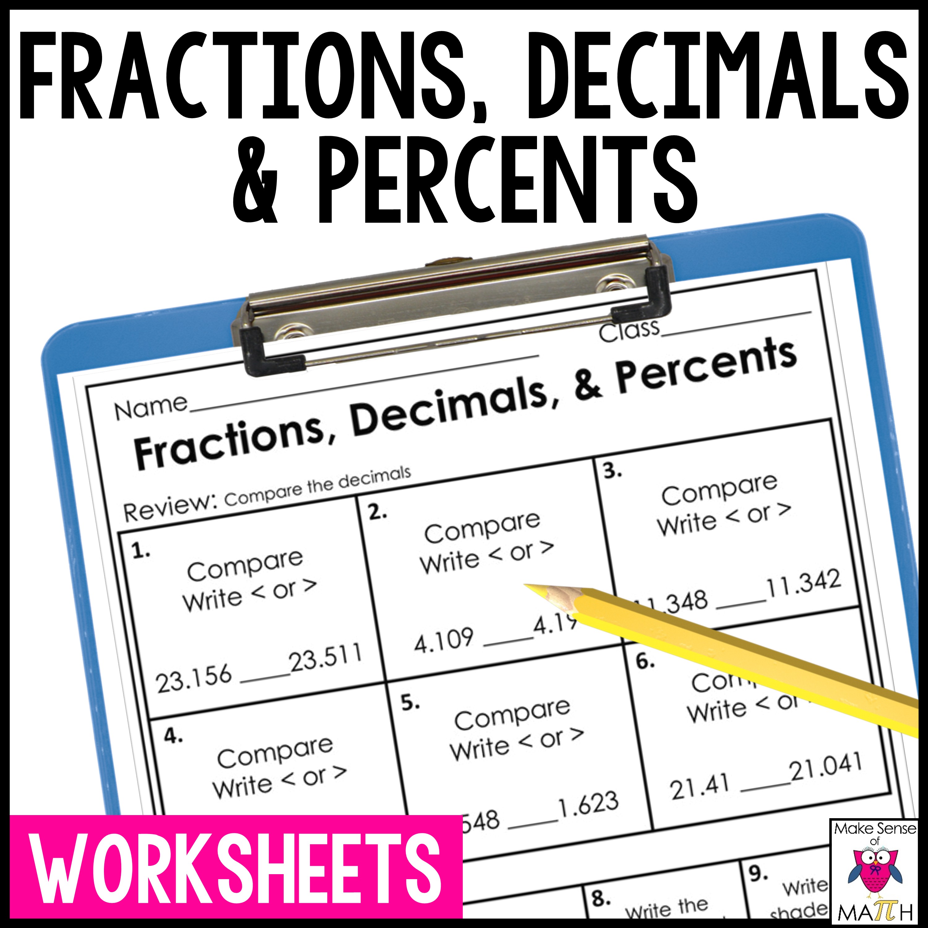 Converting Fractions, Decimals, and Percents Activity Worksheets