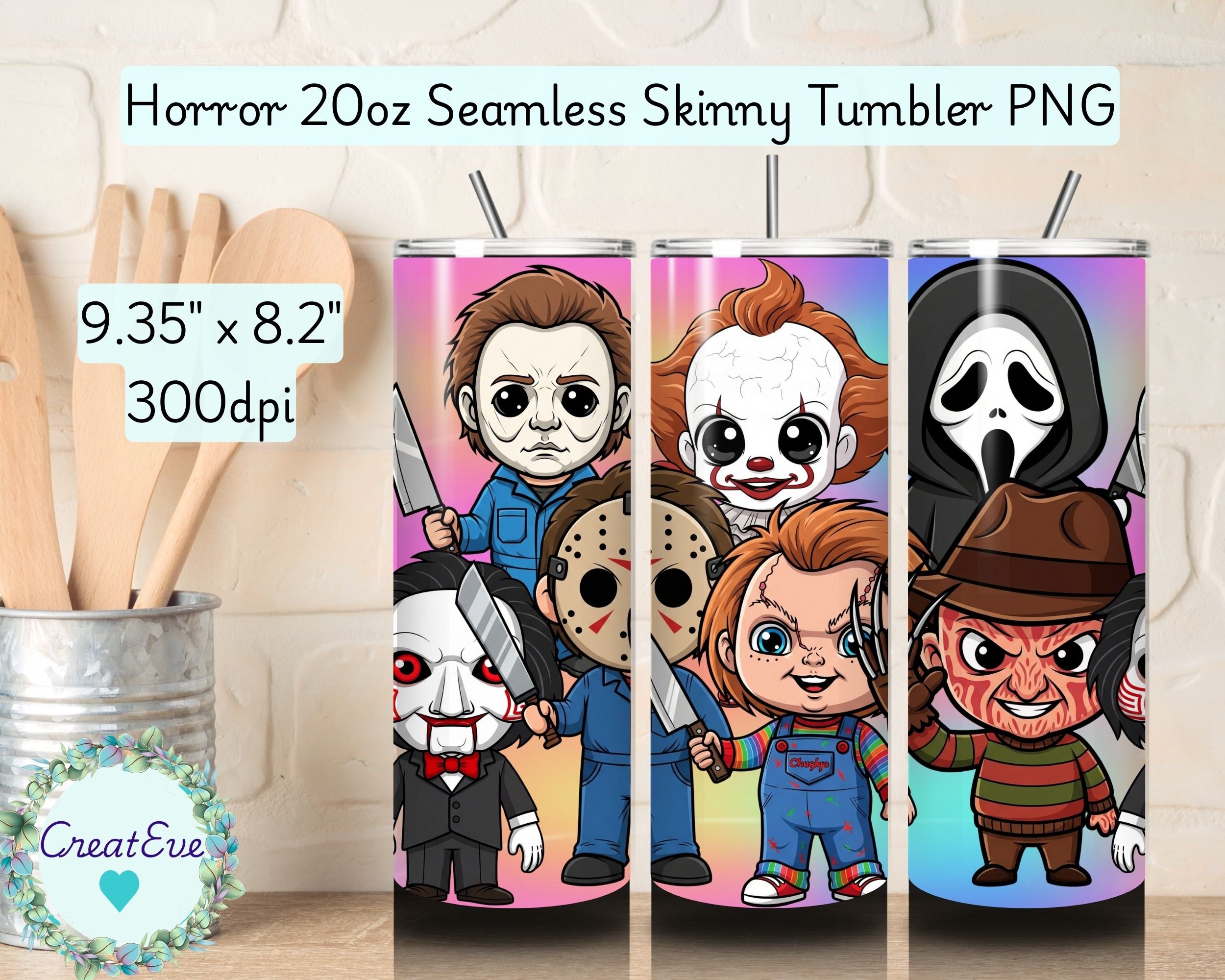 Creepy Cute Slasher Characters 20oz Tumbler PNG | Seamless Cute Scary ...