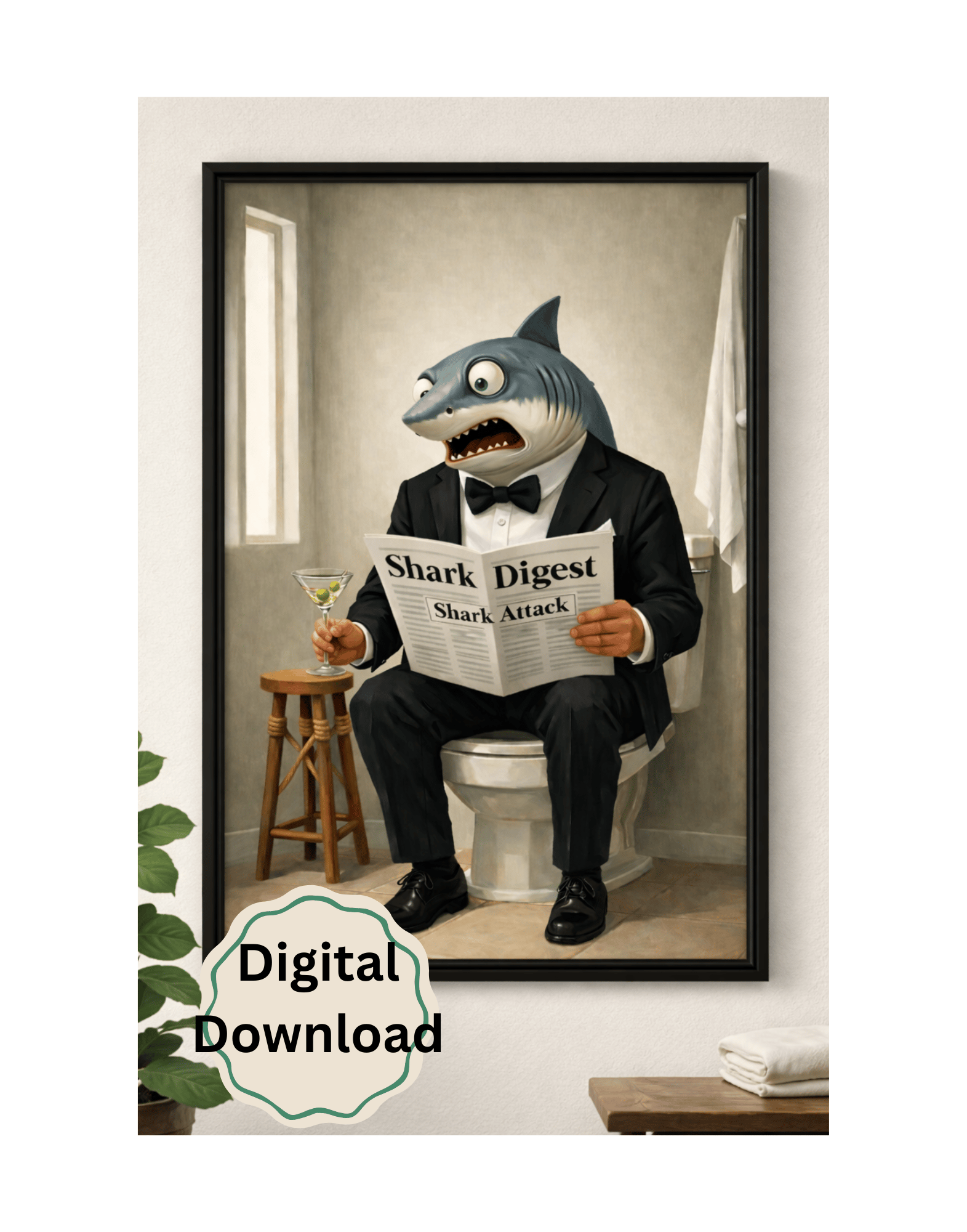 Shark Attack Funny Bathroom Wall Art, Tuxedo Gentleman Reading ...