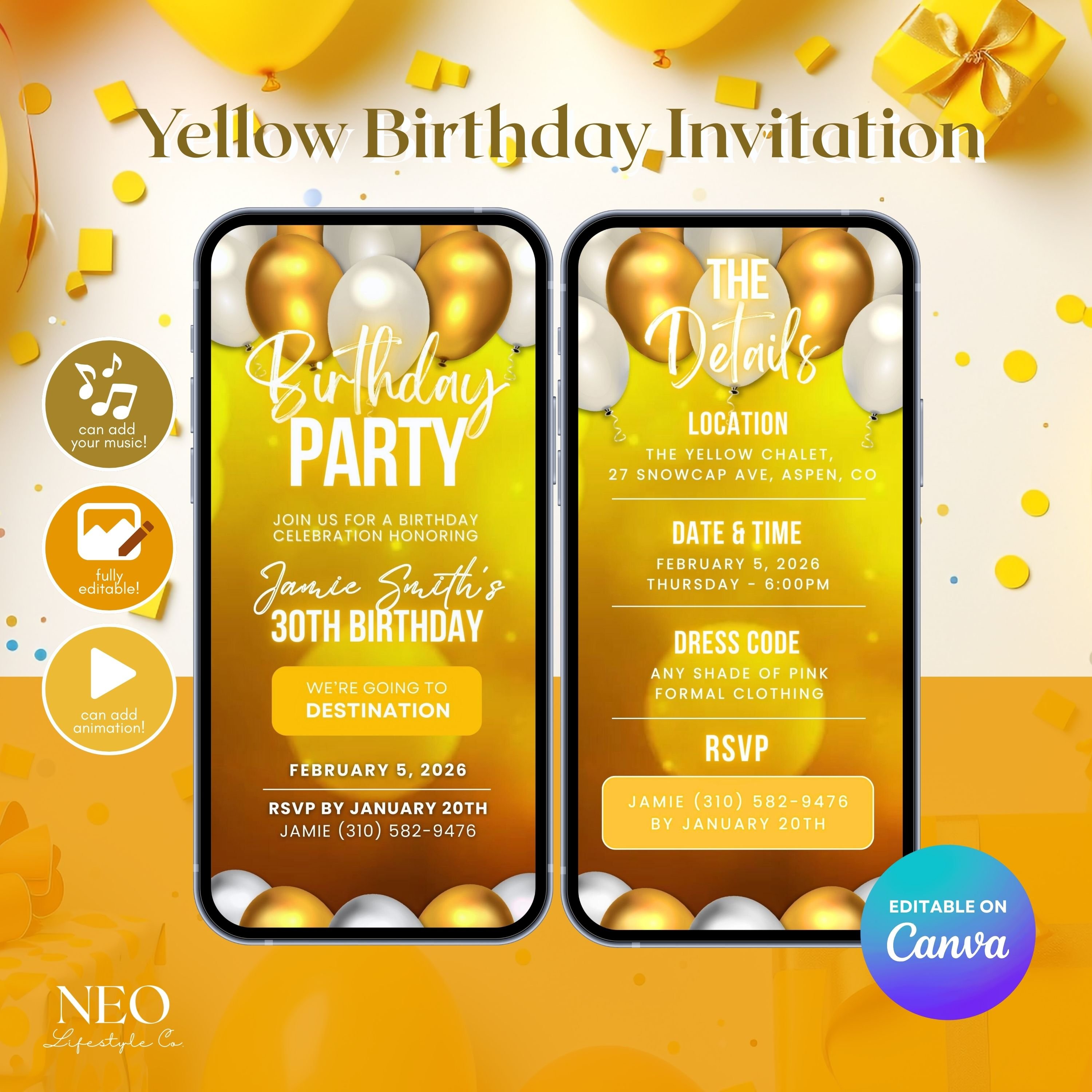 Yellow Birthday Party Invitation, Gold Bokeh Birthday Balloon Invite ...