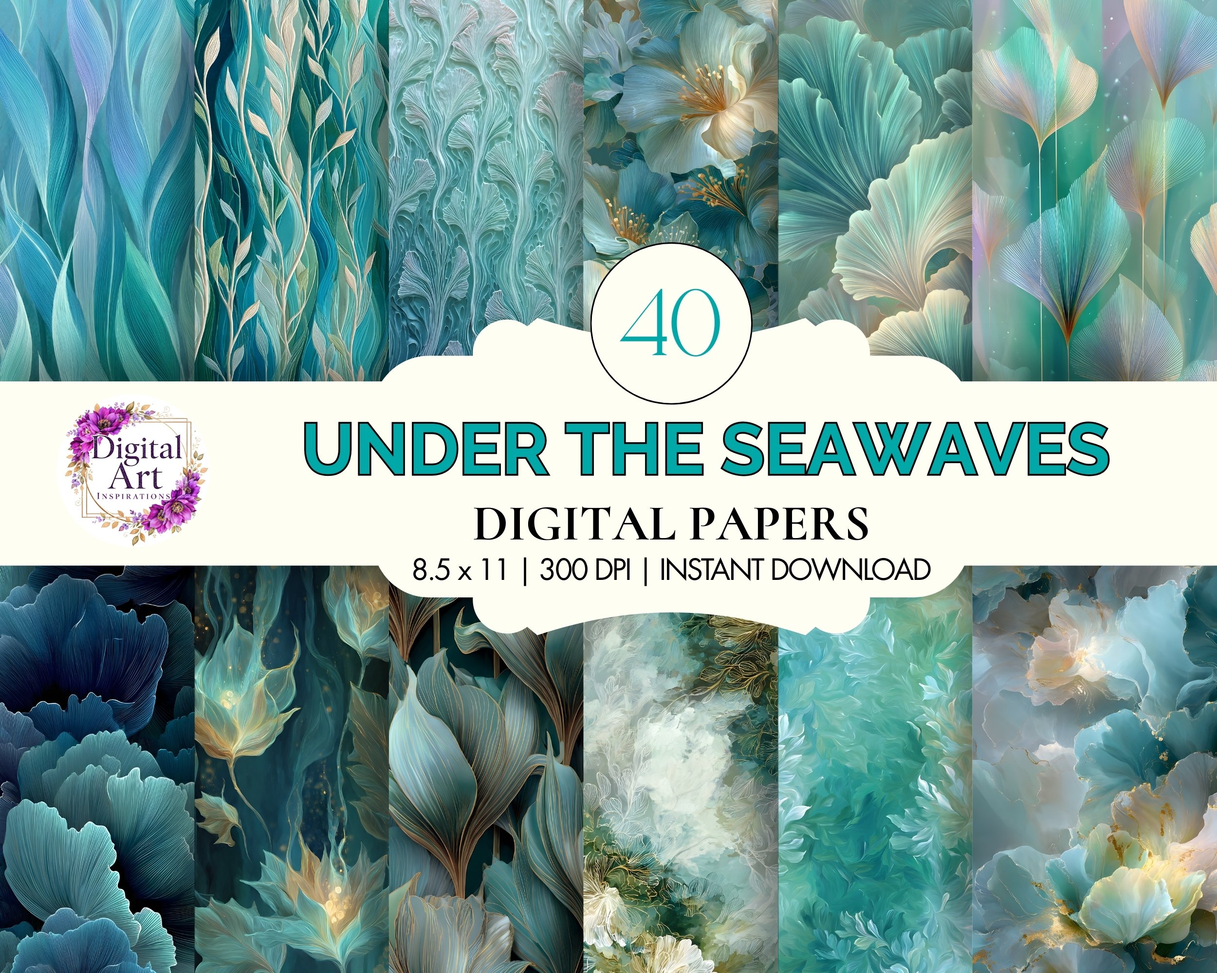 Under the Seawaves Digital Paper Pack – Luminous Teal Fantasy Floral ...