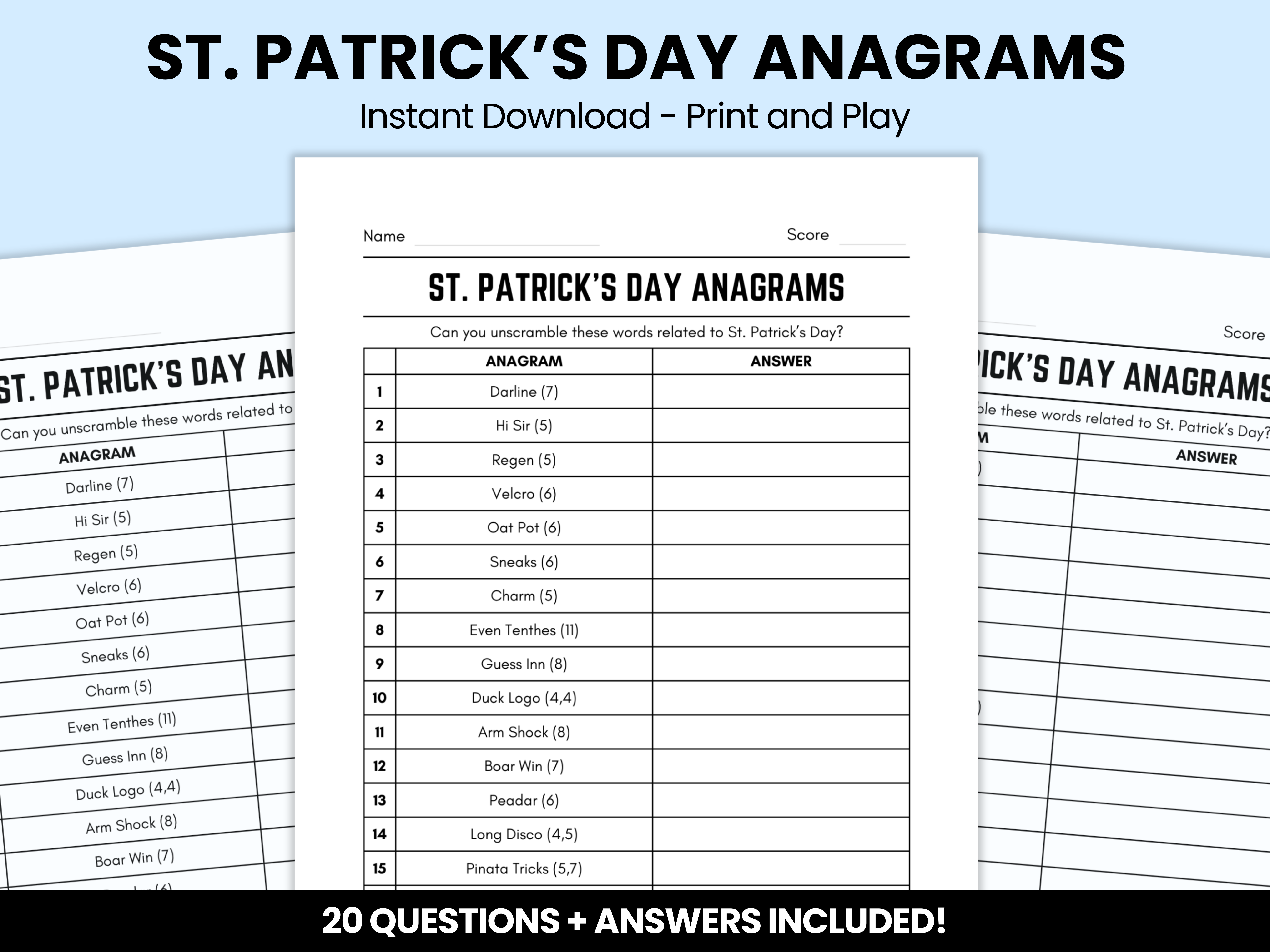 St. Patrick’s Day Anagrams Quiz With Answers – Instant Download