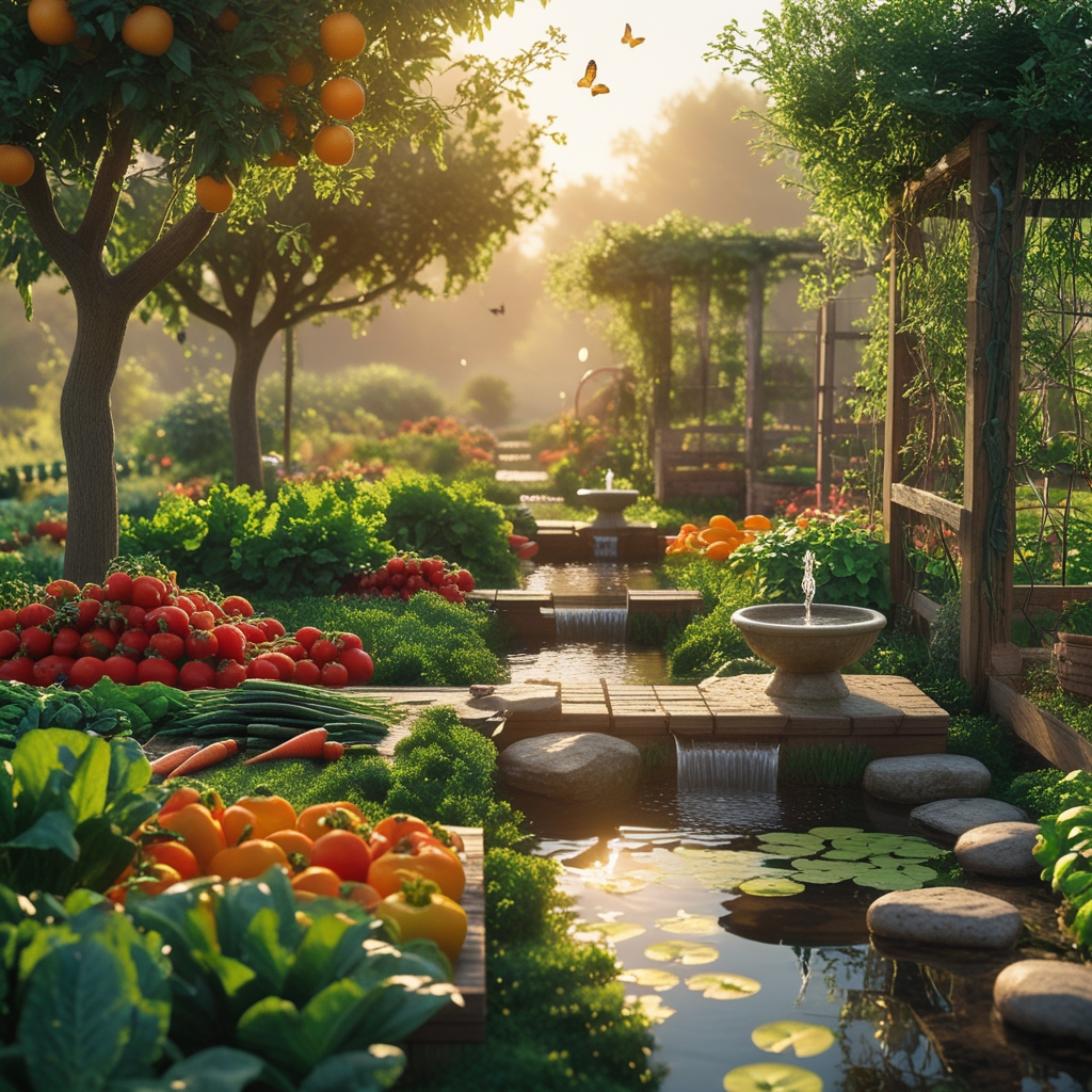 A breathtaking sunlit fruit and vegetable garden in full bloom - Payhip