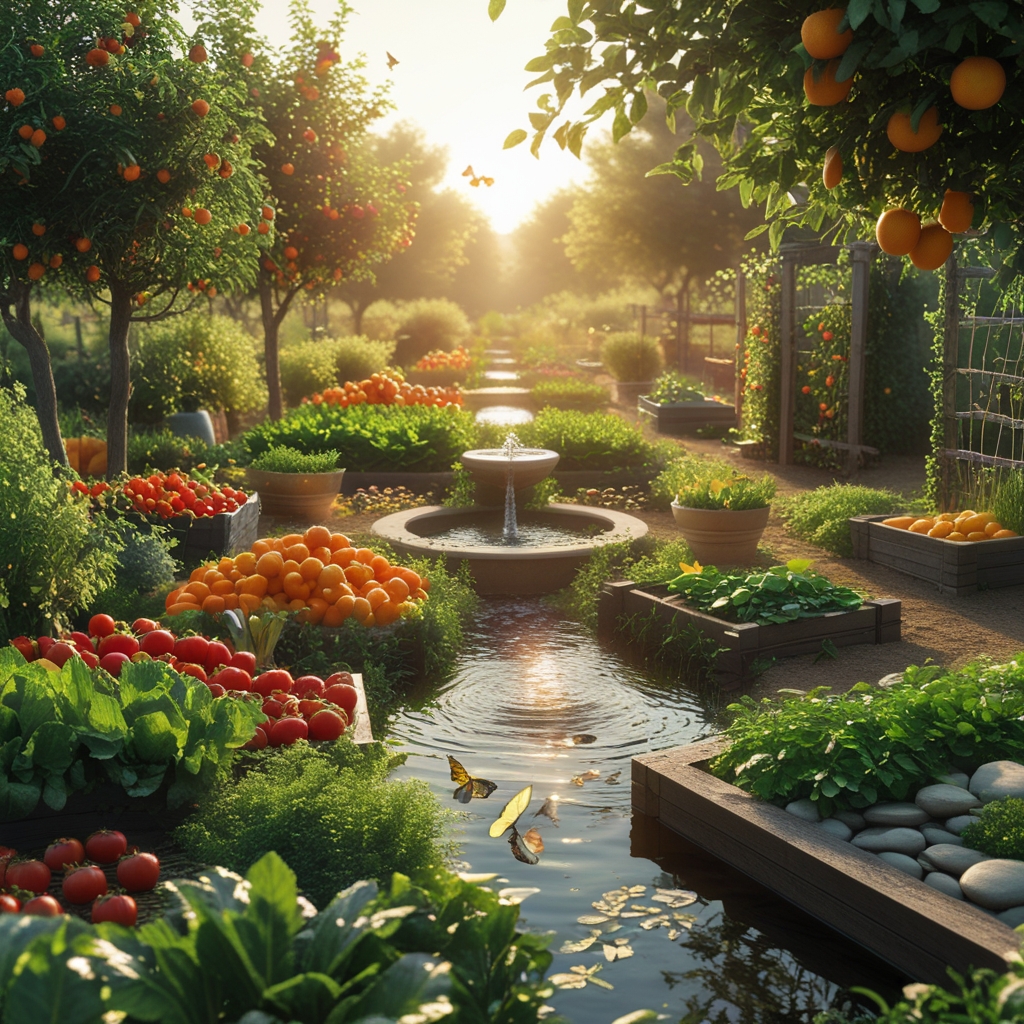 A breathtaking sunlit fruit and vegetable garden in full bloom - Payhip