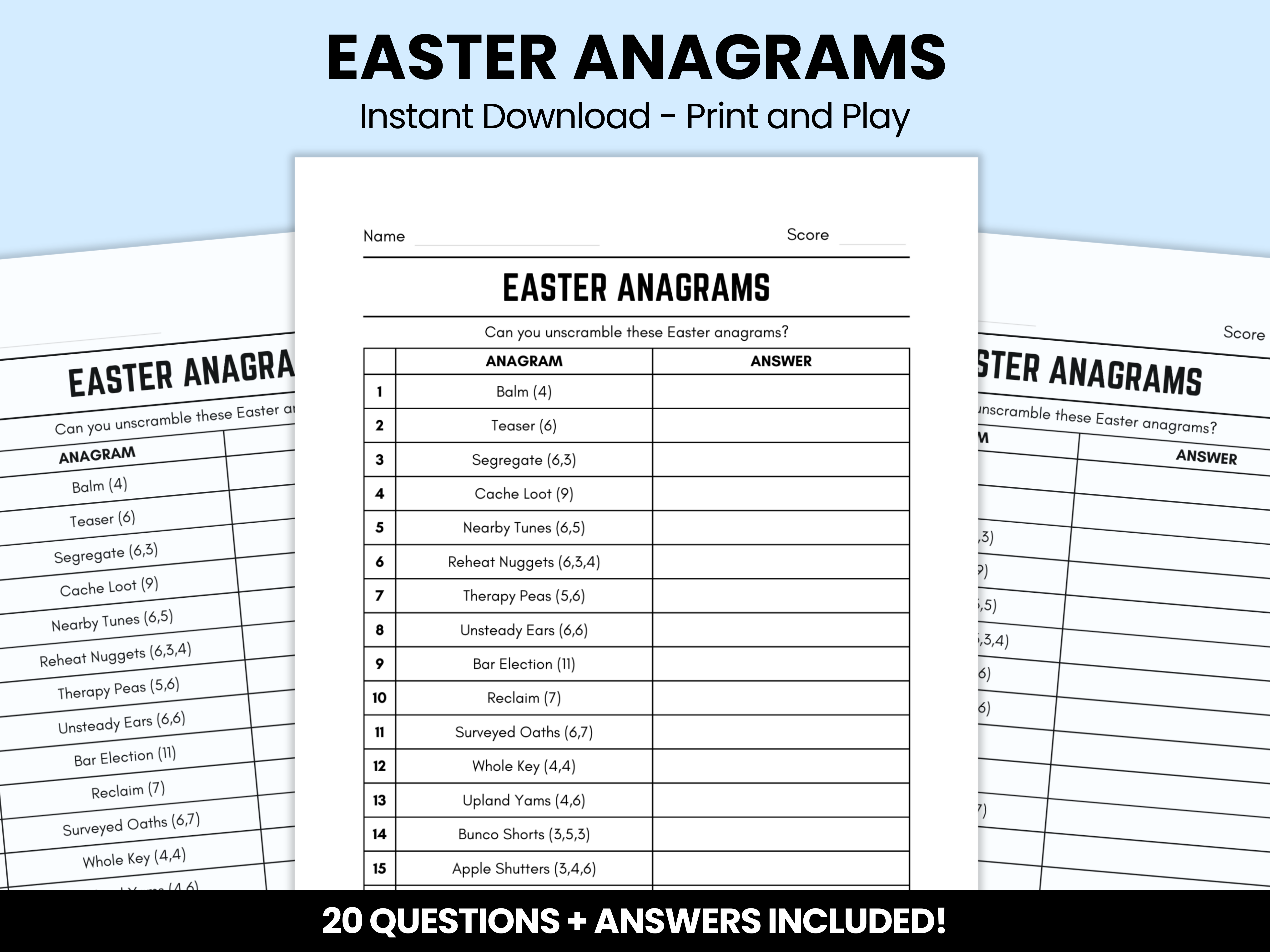 Easter Anagrams Quiz With Answers – Instant Download