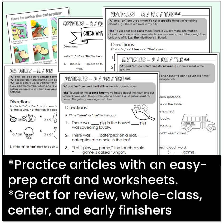 Spring Caterpillar Articles Determiners Craft, Worksheets Grammar Activity