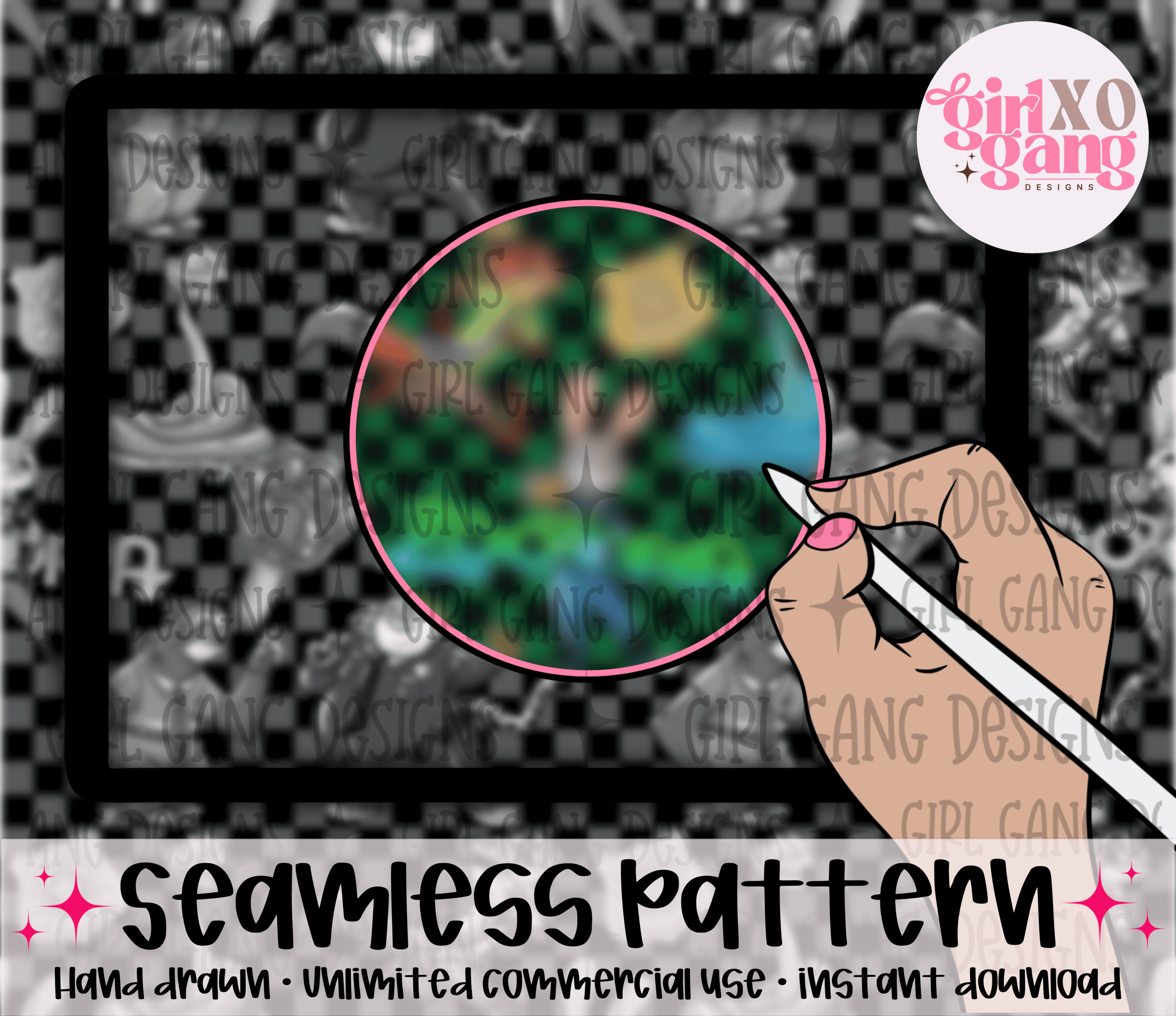 THREE zoo cop bunny fox seamless checkered patterns, png bundle grey ...