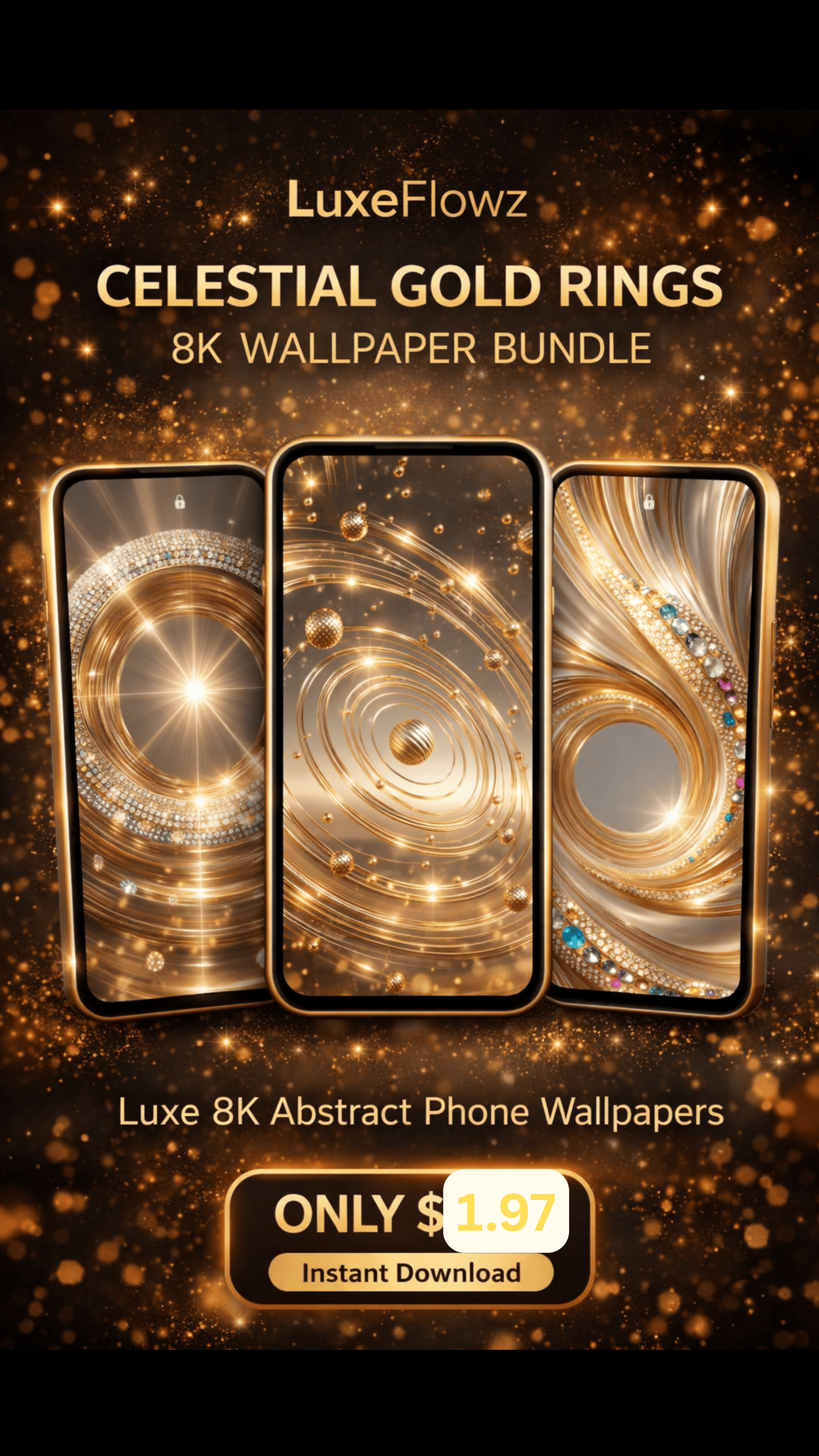 Celestial Gold Rings — LuxeFlowz Abstract 8K Phone Wallpaper 3-Pack ...