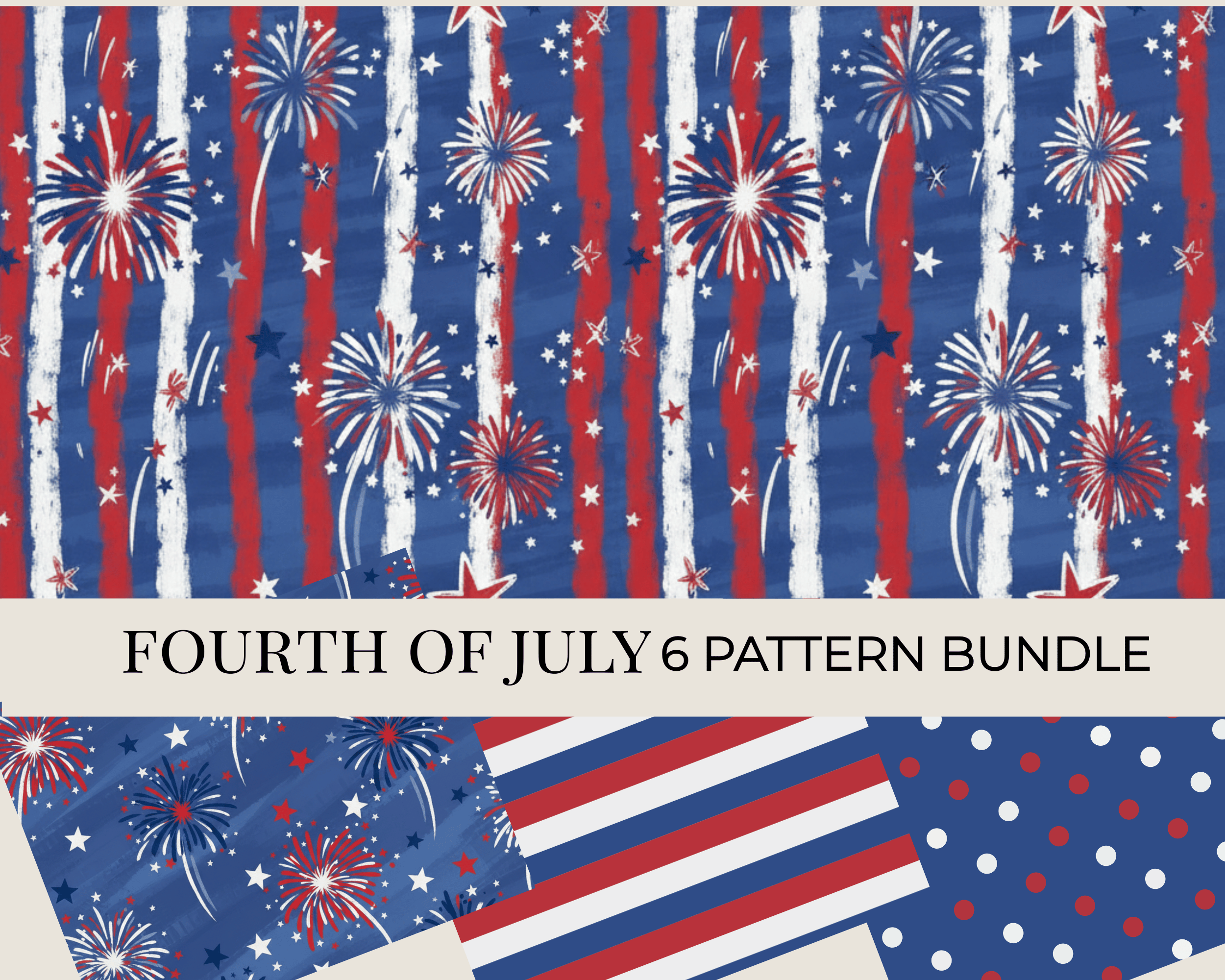 Fourth of July Red White and Blue Seamless Pattern 6 PNG Bundle, 12" x ...