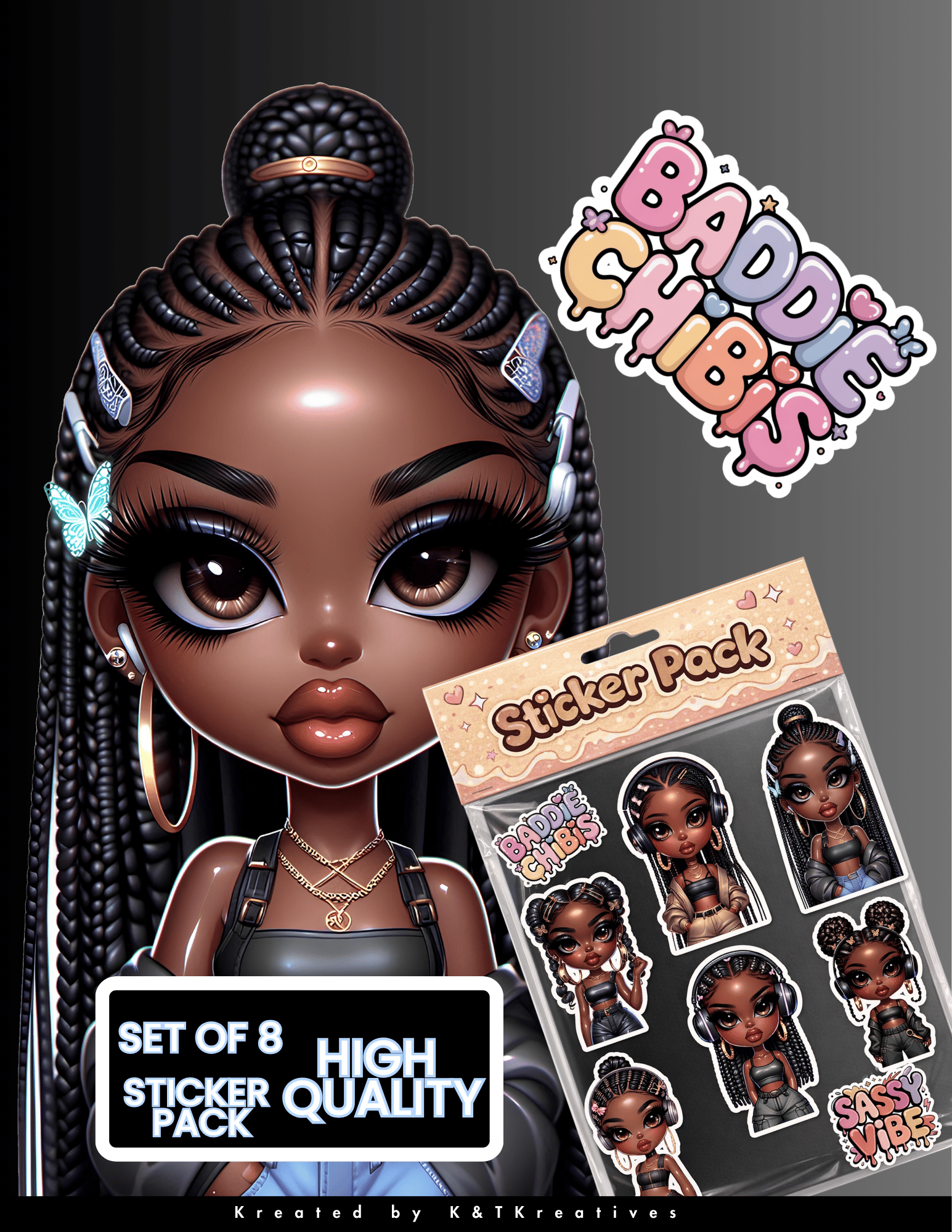 Baddie Chibis Digital Sticker Pack – Glossy Black Girl Planner Stickers ...