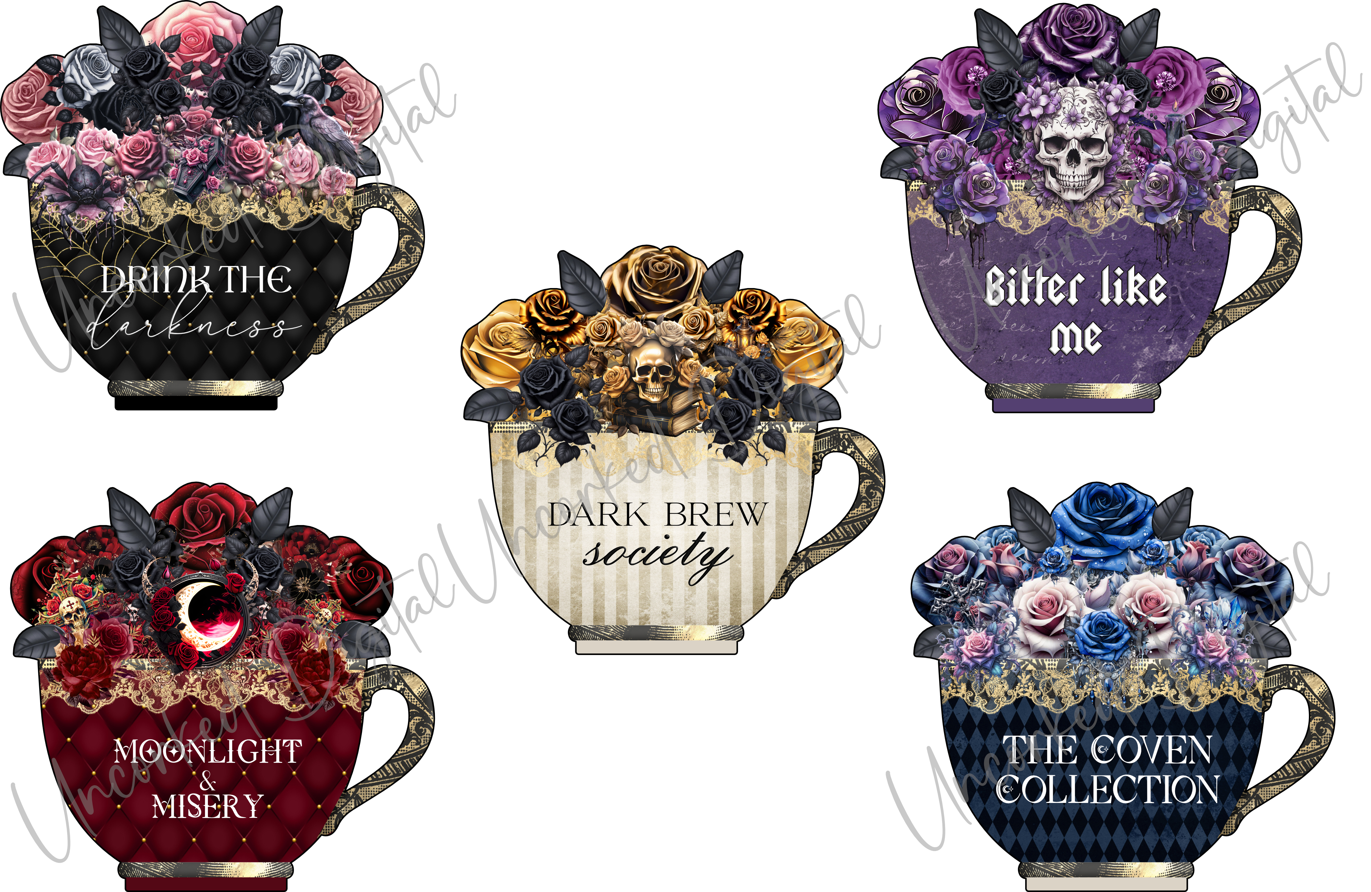 Midnight Brew Collection Teacups x 5 (woodform) - Payhip