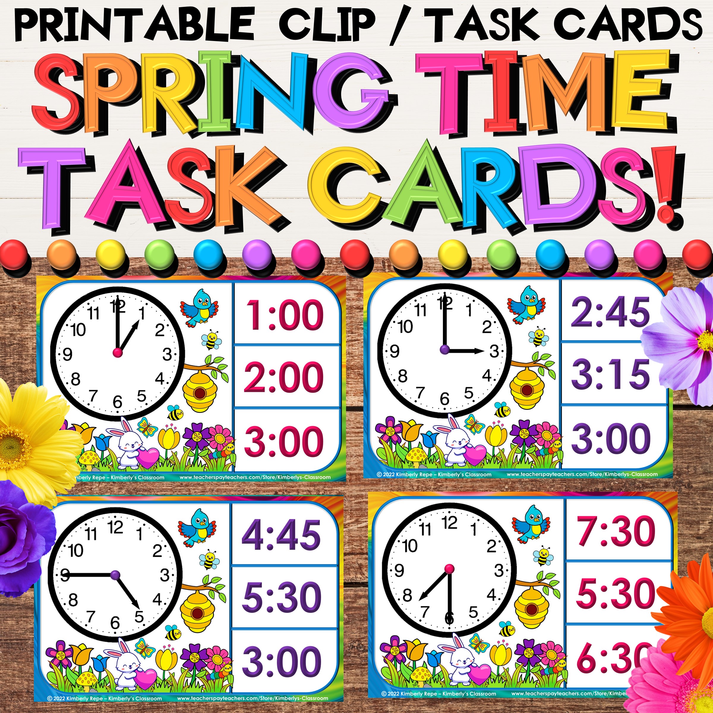 Spring Telling Time Analog Clock Task Card Centers | Hour Half Hour ...