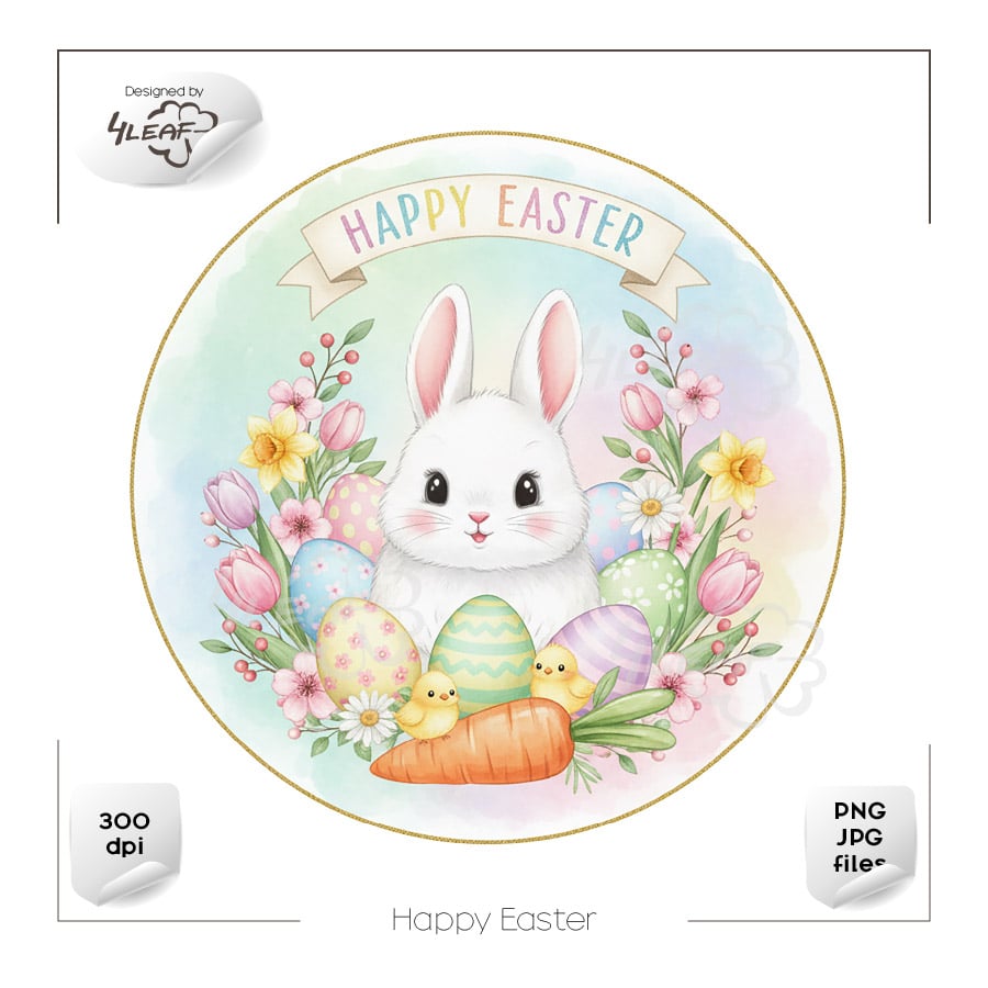 Happy Easter Circular Bunny Design with Eggs & Flowers - Watercolor ...