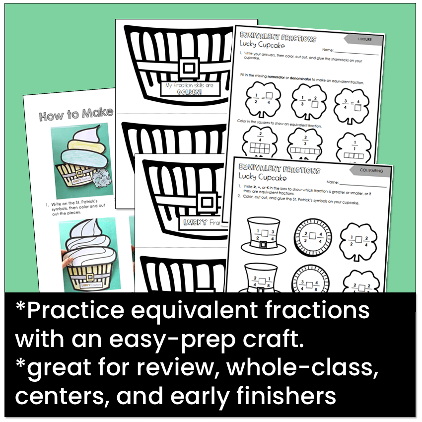 St Patricks Day Equivalent Fractions Cupcake Math Craft 3rd, 4th Grade ...