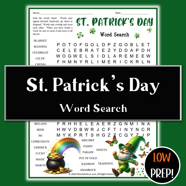 St. Patrick’s Day Word Search Printable PDF – March Irish Holiday ...