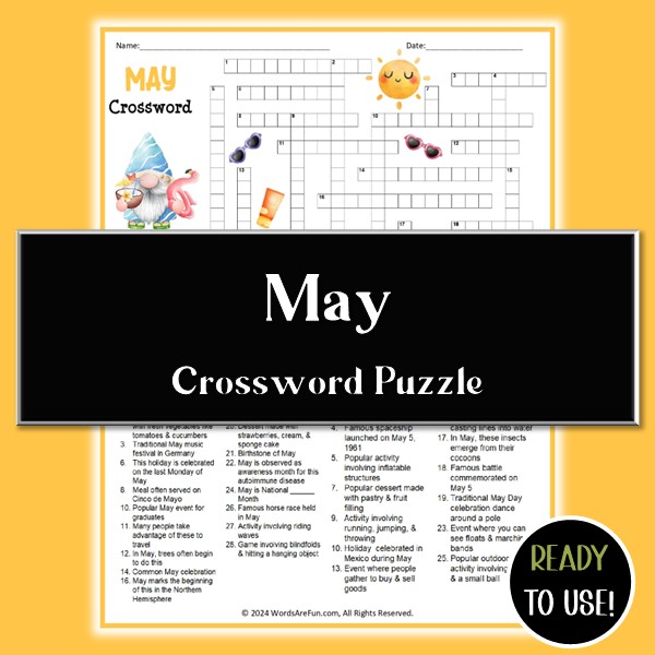May Crossword Puzzle Printable PDF – Cinco de Mayo, Mother’s Day ...