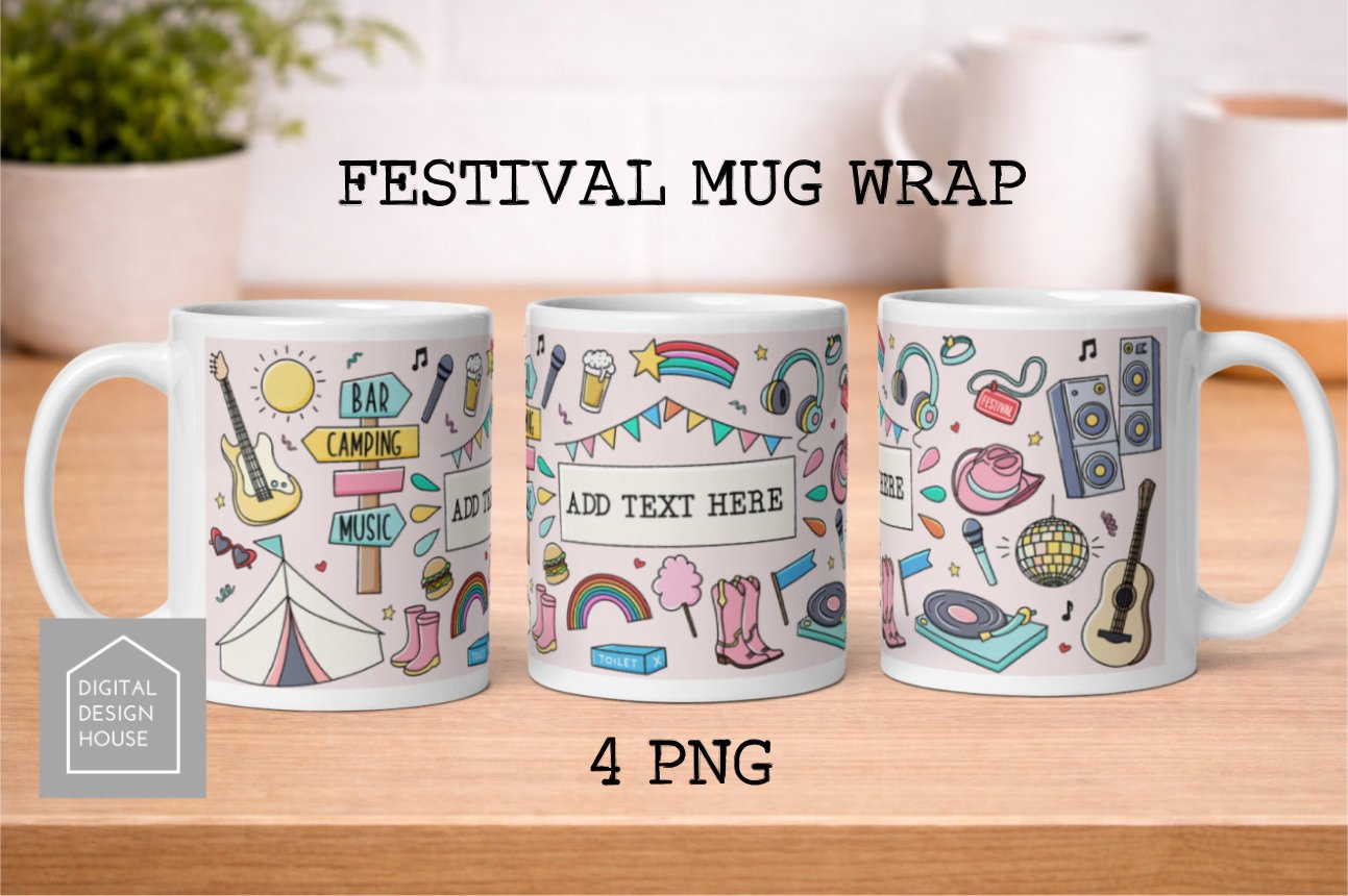 Festival Mug Wrap Bundle – Set of 4 PNG Designs – 11oz Wraps – Add Text ...