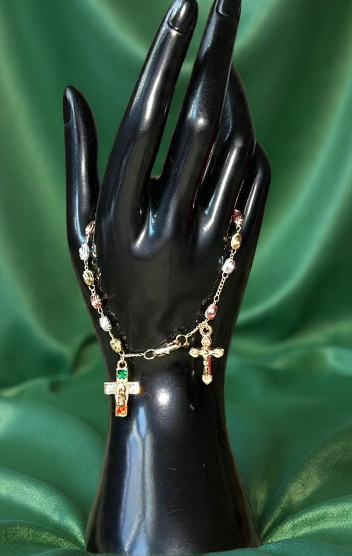 laminated‑gold bracelet featuring mixed metallic beads in gold, silver ...
