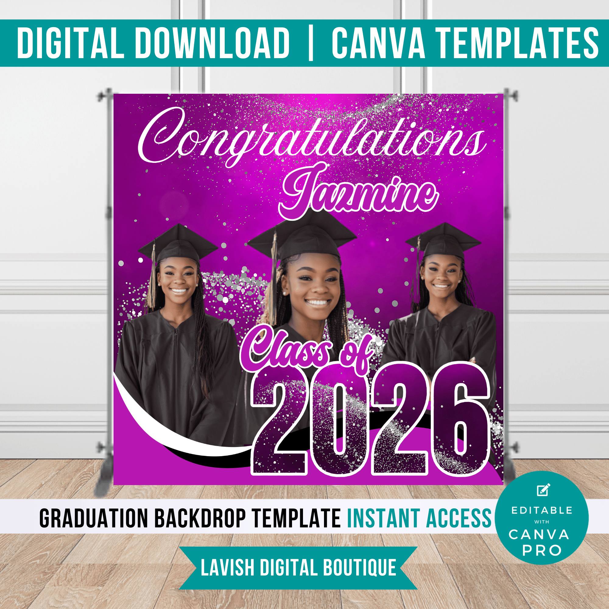Purple Gold Editable Graduation Backdrop Canva Template | Grad Party ...